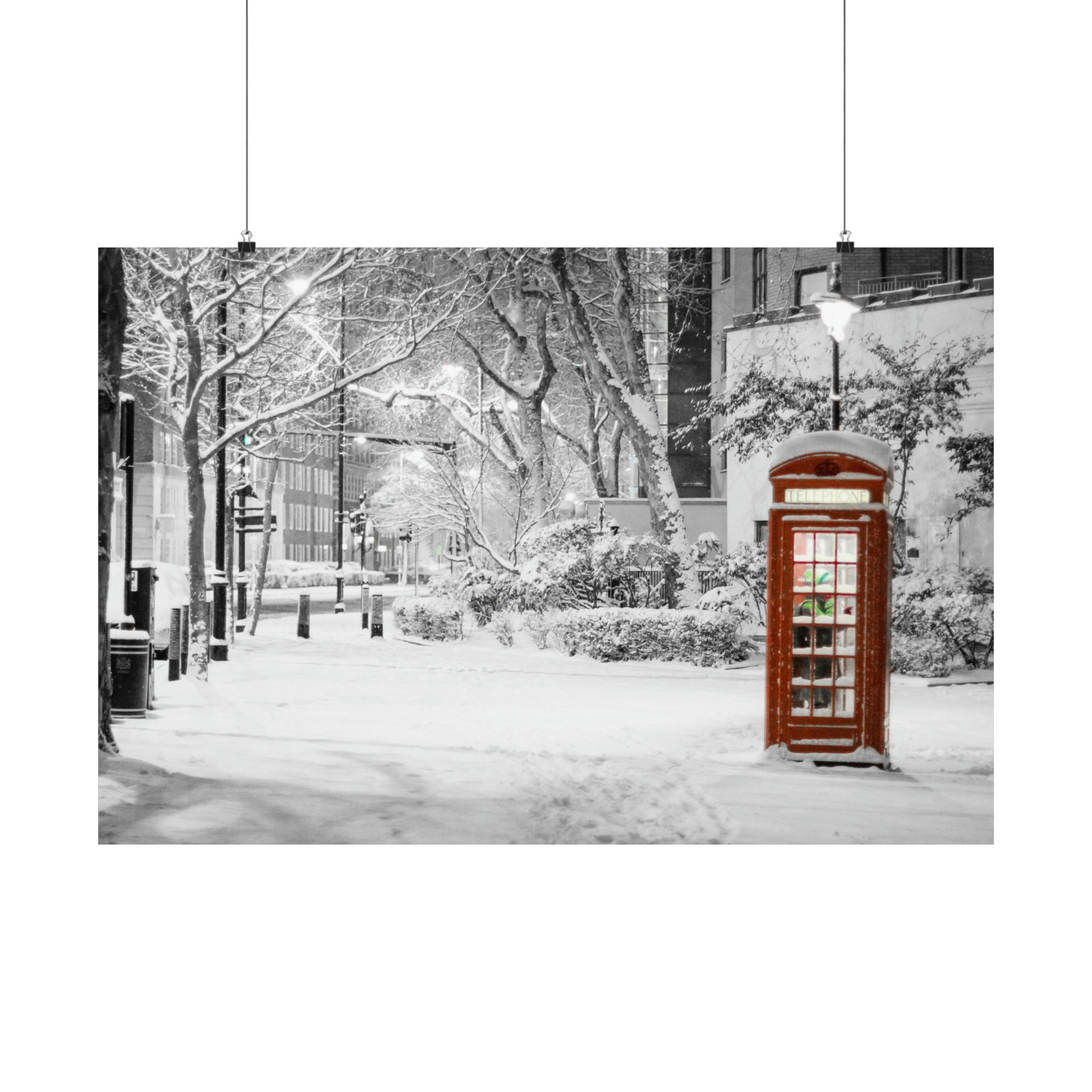 London Snow Scene Poster With Iconic Red Telephone Box, London Winter ...