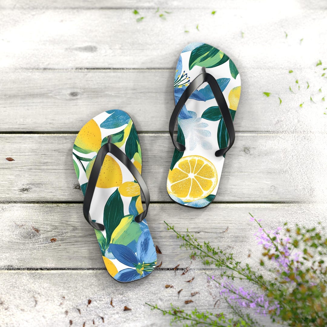 Lemon Floral Flip Flops: Summer Beach Sandals - Etsy