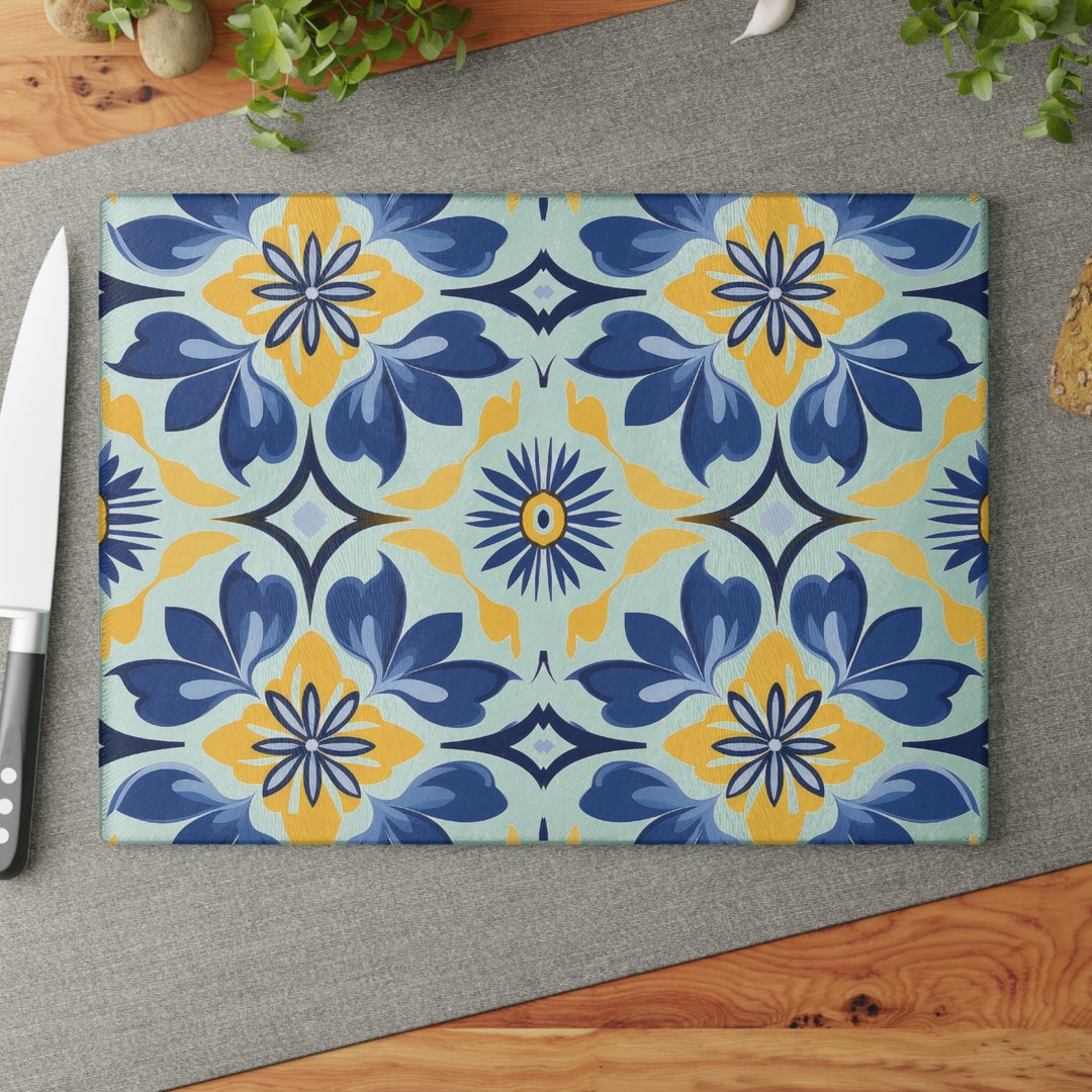 Sicilian Tile Printed Glass Cutting Board, Kitchen Art Decor, Food Prep ...