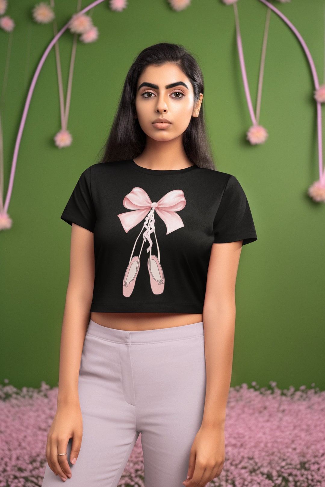 Coquette Pink Bow Ballet Slippers Festival Crop Top, Coquette Pink ...