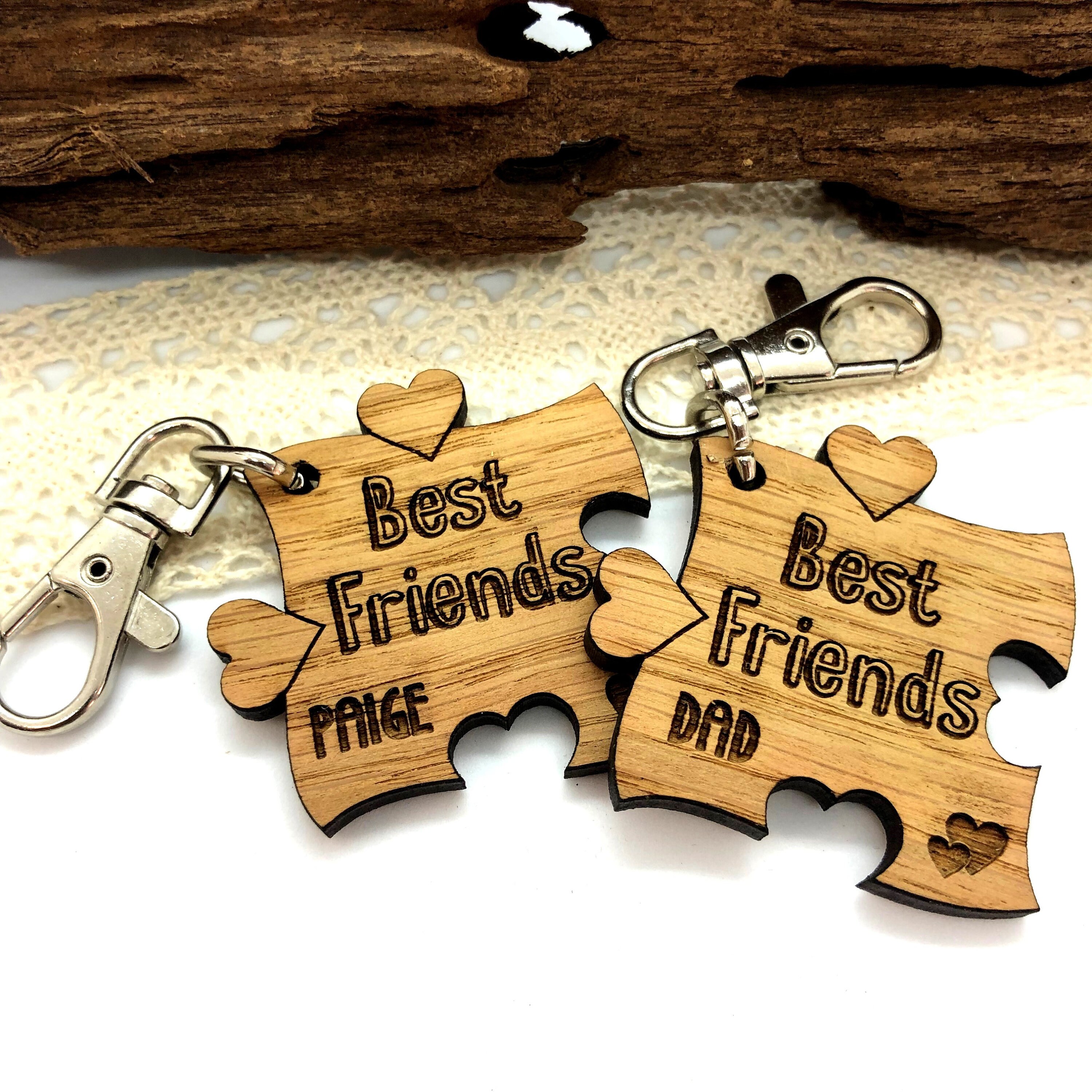 Personalised Set of 2 Best Friends Keyrings, Oak Wood Best Friend Gift ...