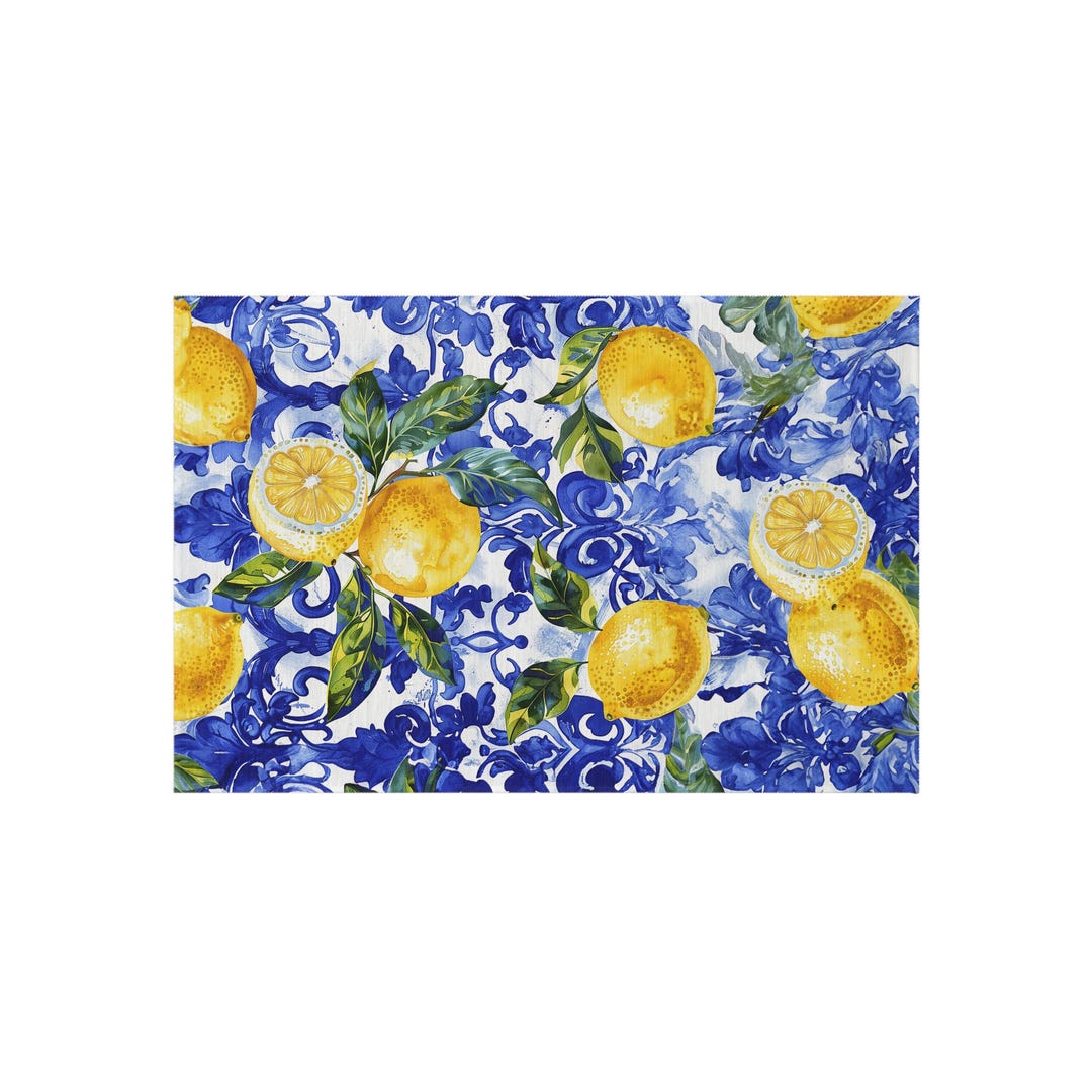 Italian Lemon Outdoor Rug, Blue and White Tile Amalfi Lemon Front Porch ...