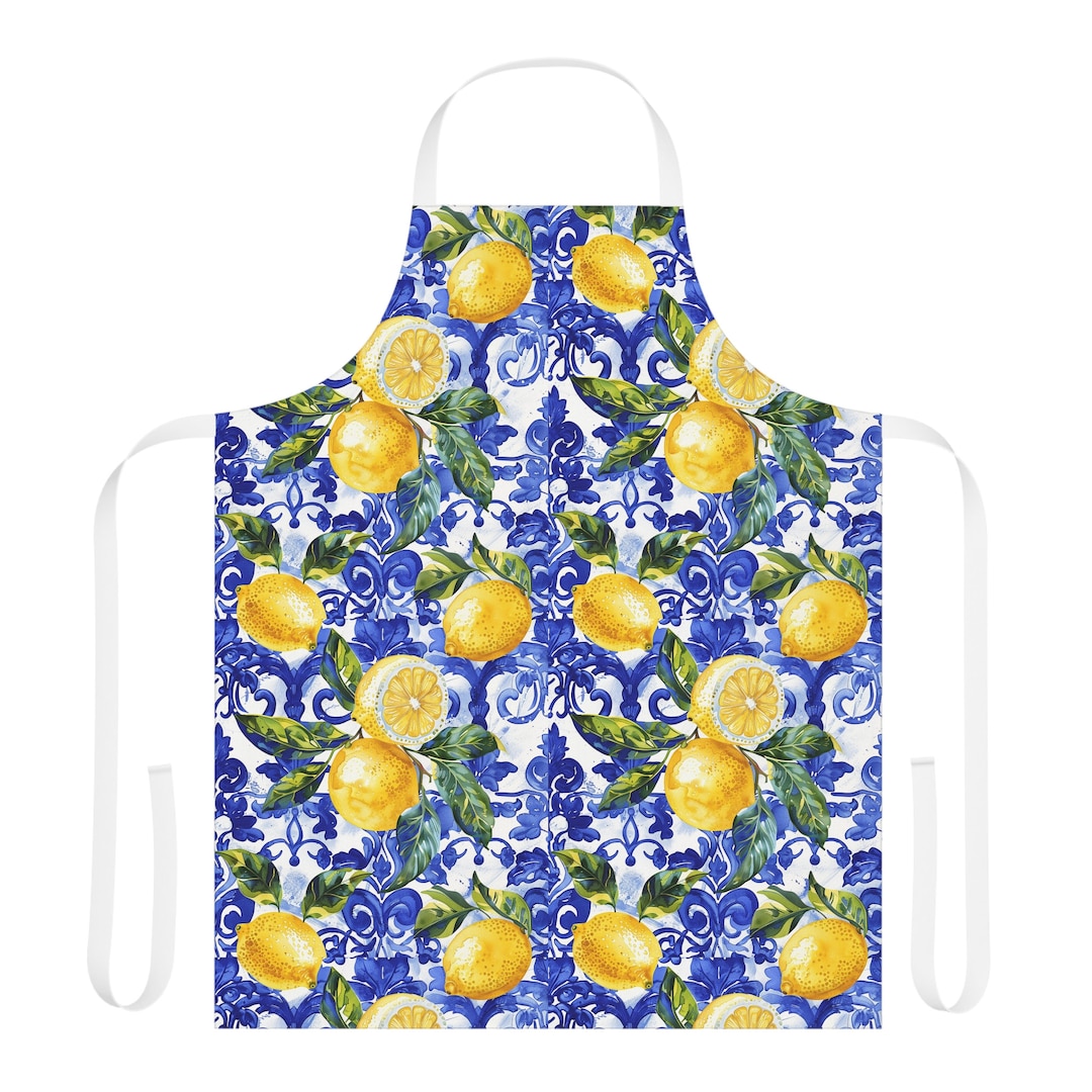 Capri Lemon Apron, Italy Blue and White Tile Apron, Lemon Apron, Amalfi ...