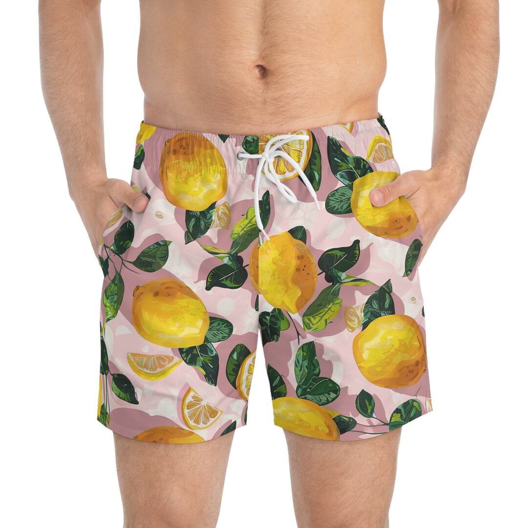 Italian Swim Trunks, Italy Lemon and Pink Men's Swim Suit, Bathing Suit ...