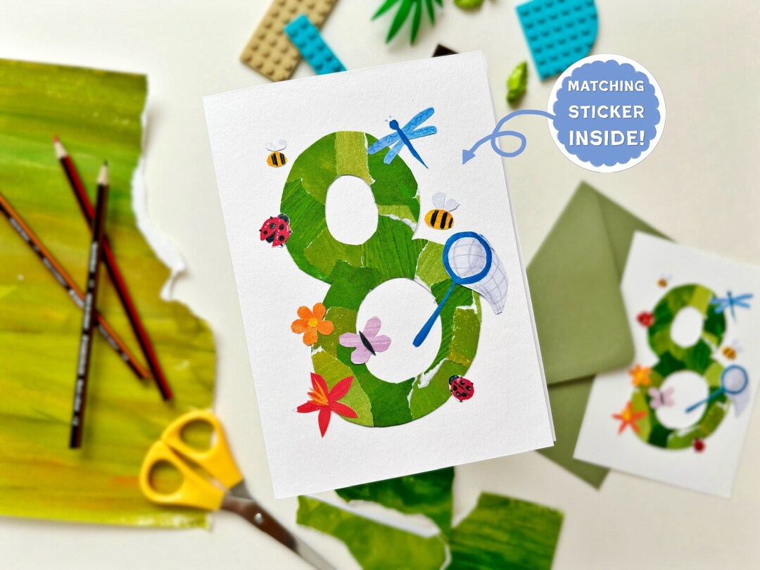 8th Birthday Card | Eight Year Old Card With Matching Age Sticker ...