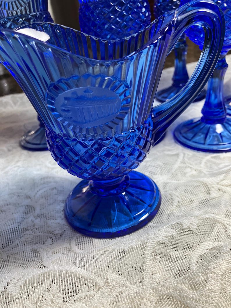 Vintage Avon Bicentennial Fostoria Blue Goblets and Pitcher Set - Etsy