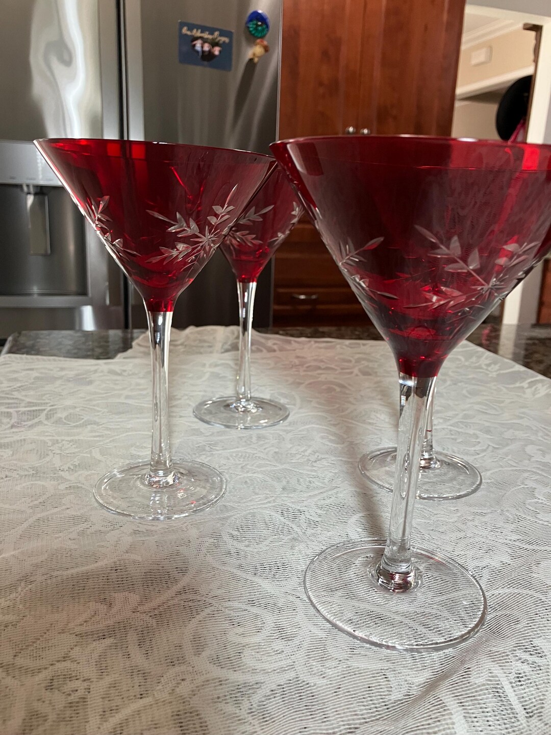 Vtg Stained Ruby Red Etched Crystal Martini Glasses . Set of 4 - Etsy
