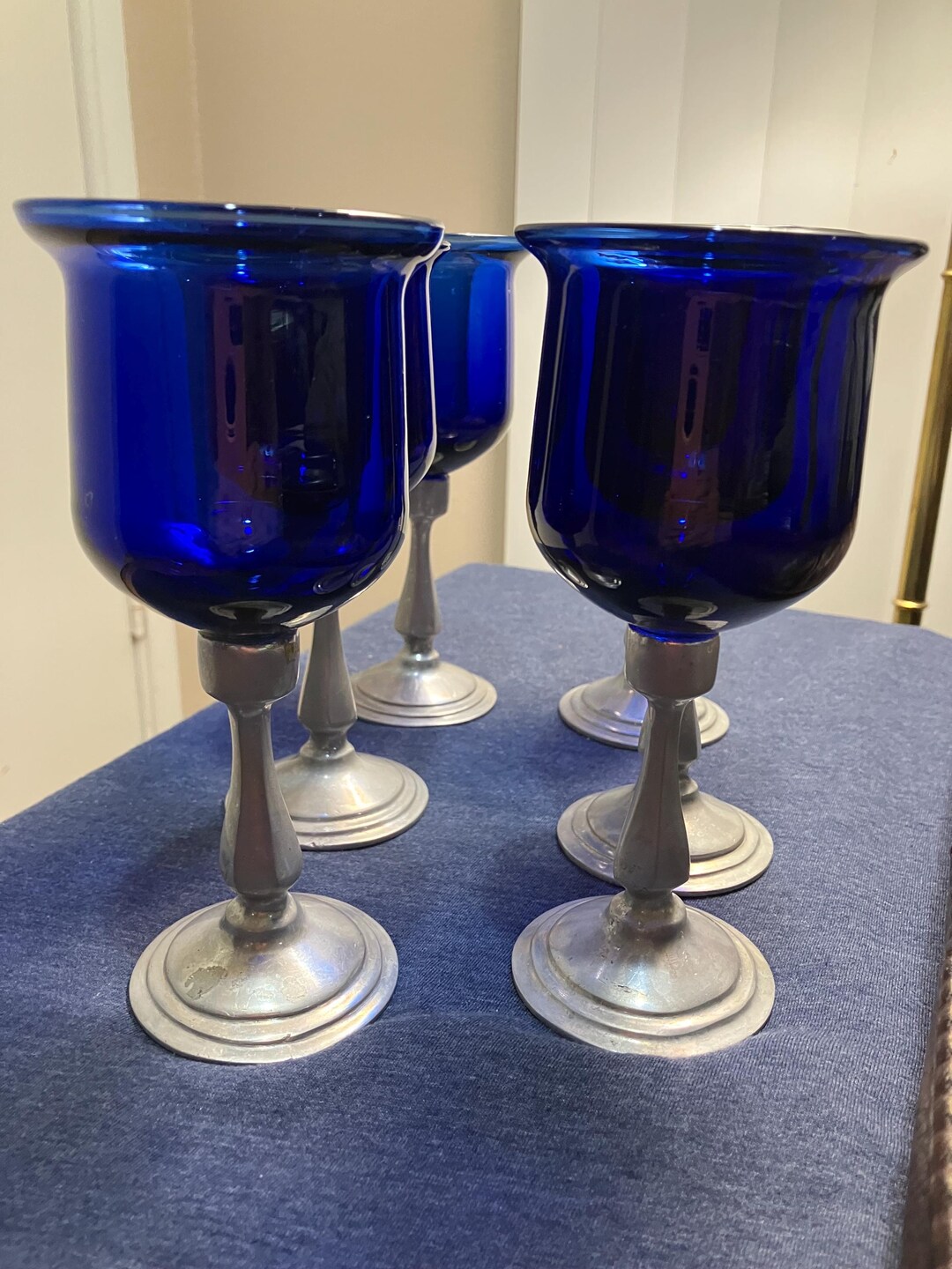 Vtg. Rare Colbolt Blue 6 Oz.hand Blown Wine Glass With Pewter Stems - Etsy