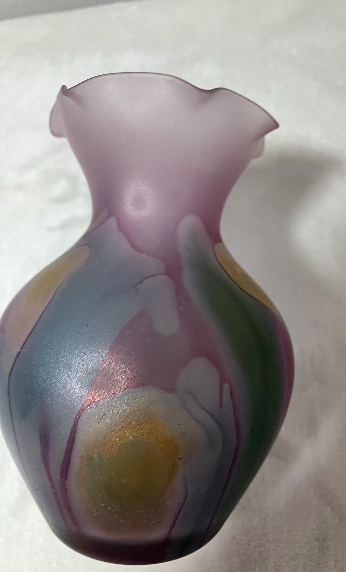 Vtg Rueven Art Nouveau Hand Blown and Painted Purple Ruffled Edge ...