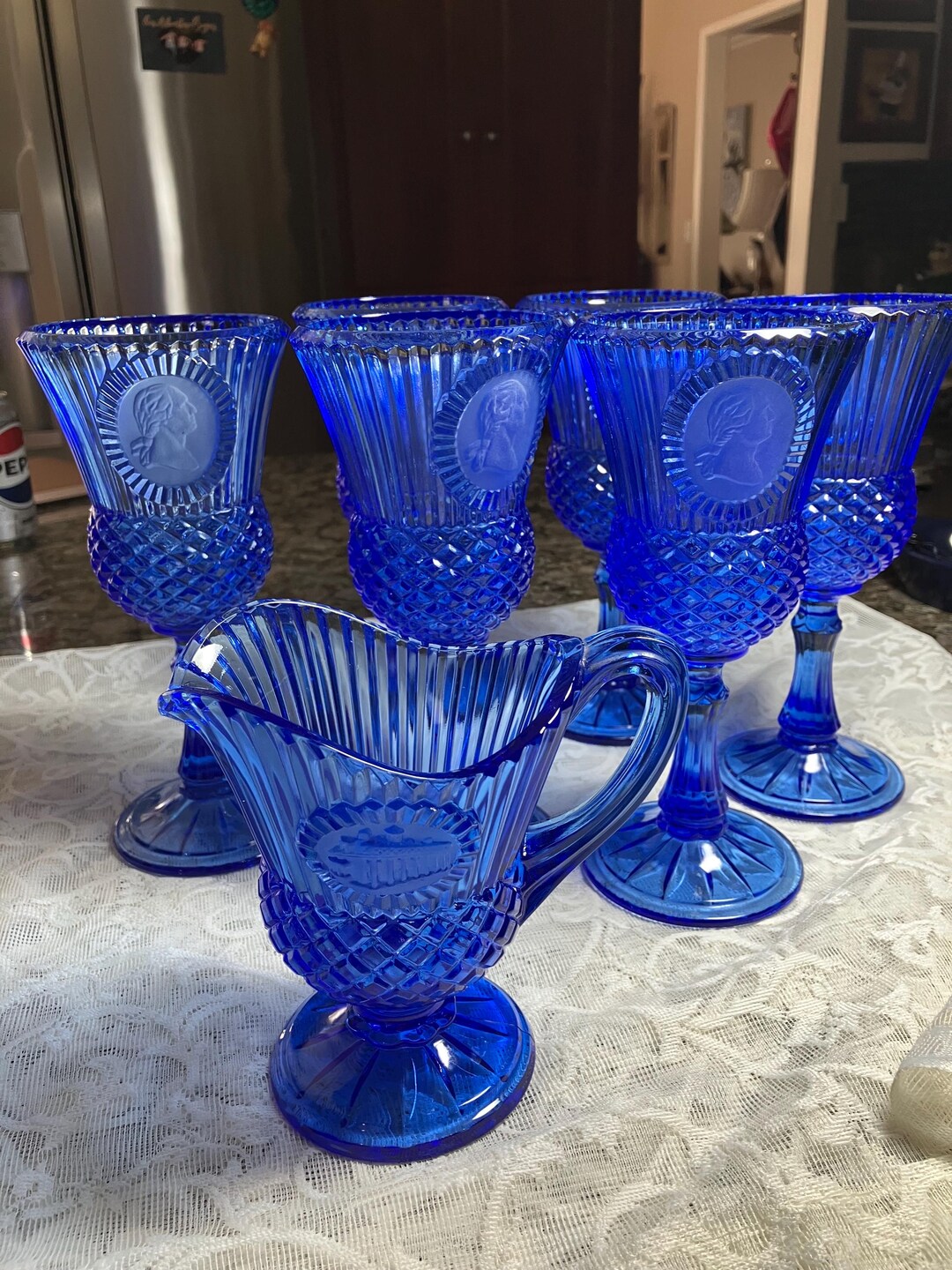 Vintage Avon Bicentennial Fostoria Blue Goblets and Pitcher Set - Etsy