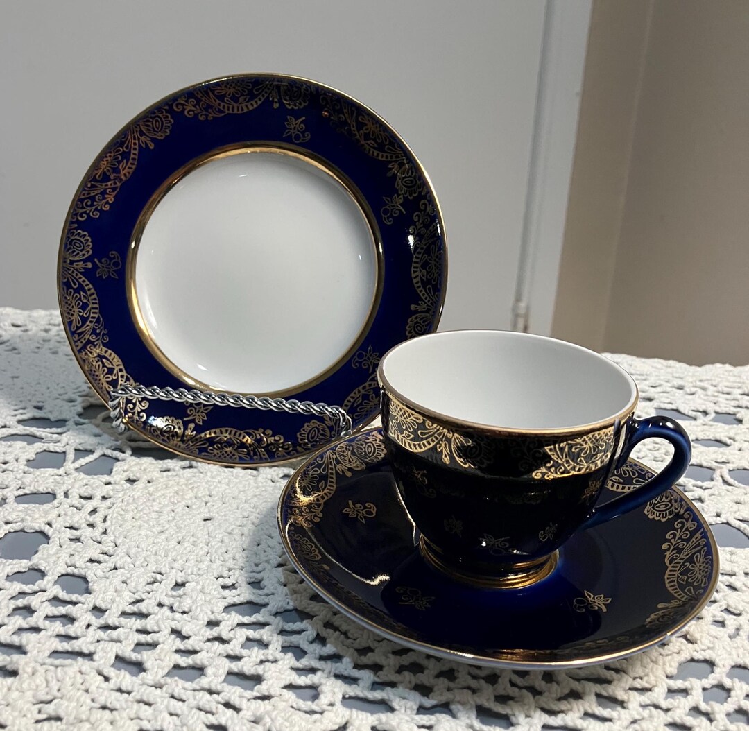 Vtg 3 Pc. Golden Frieze Colbolt Blue W/ 22kt. Gold Frieze Cup, Saucer ...
