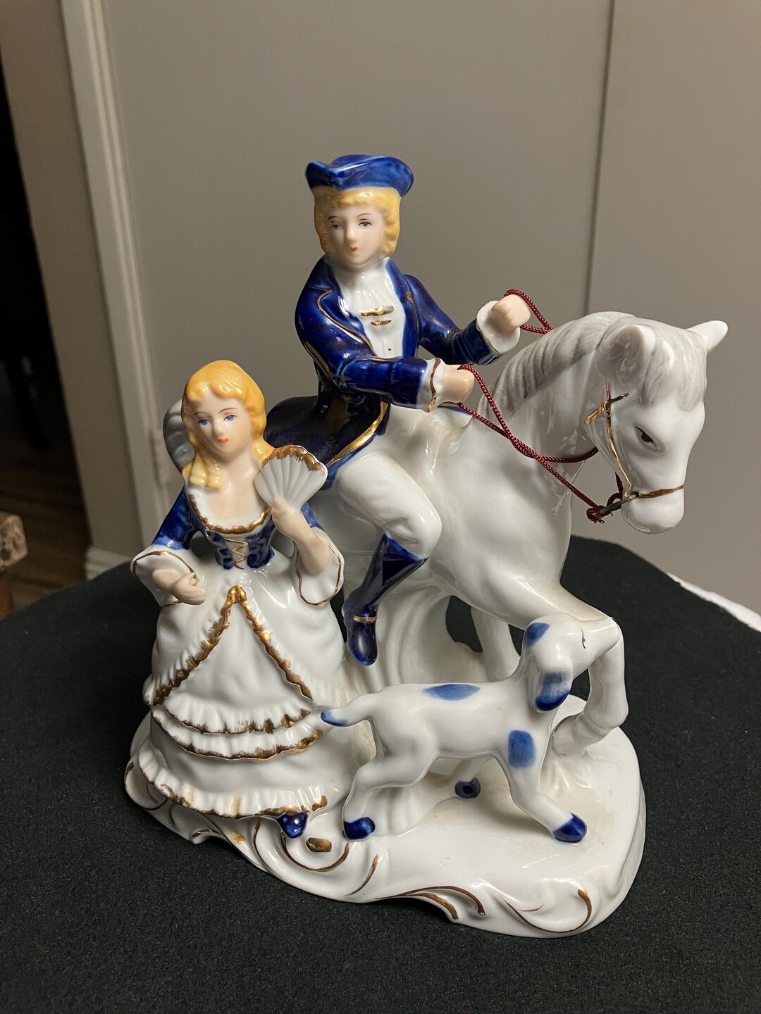 Old Victorian White and Blue Porcelain Couple With a Horse and Dog - Etsy