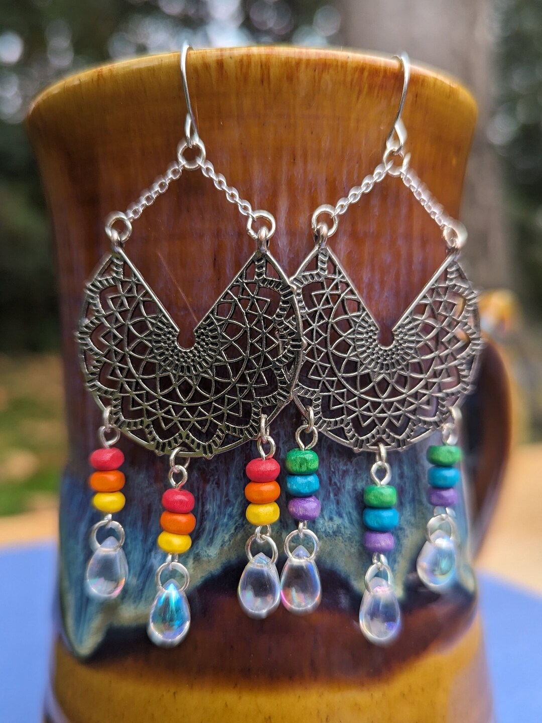 Split Rainbow W/ Iridescent Waterdrop Beads on Silver Mandala Shield - Etsy