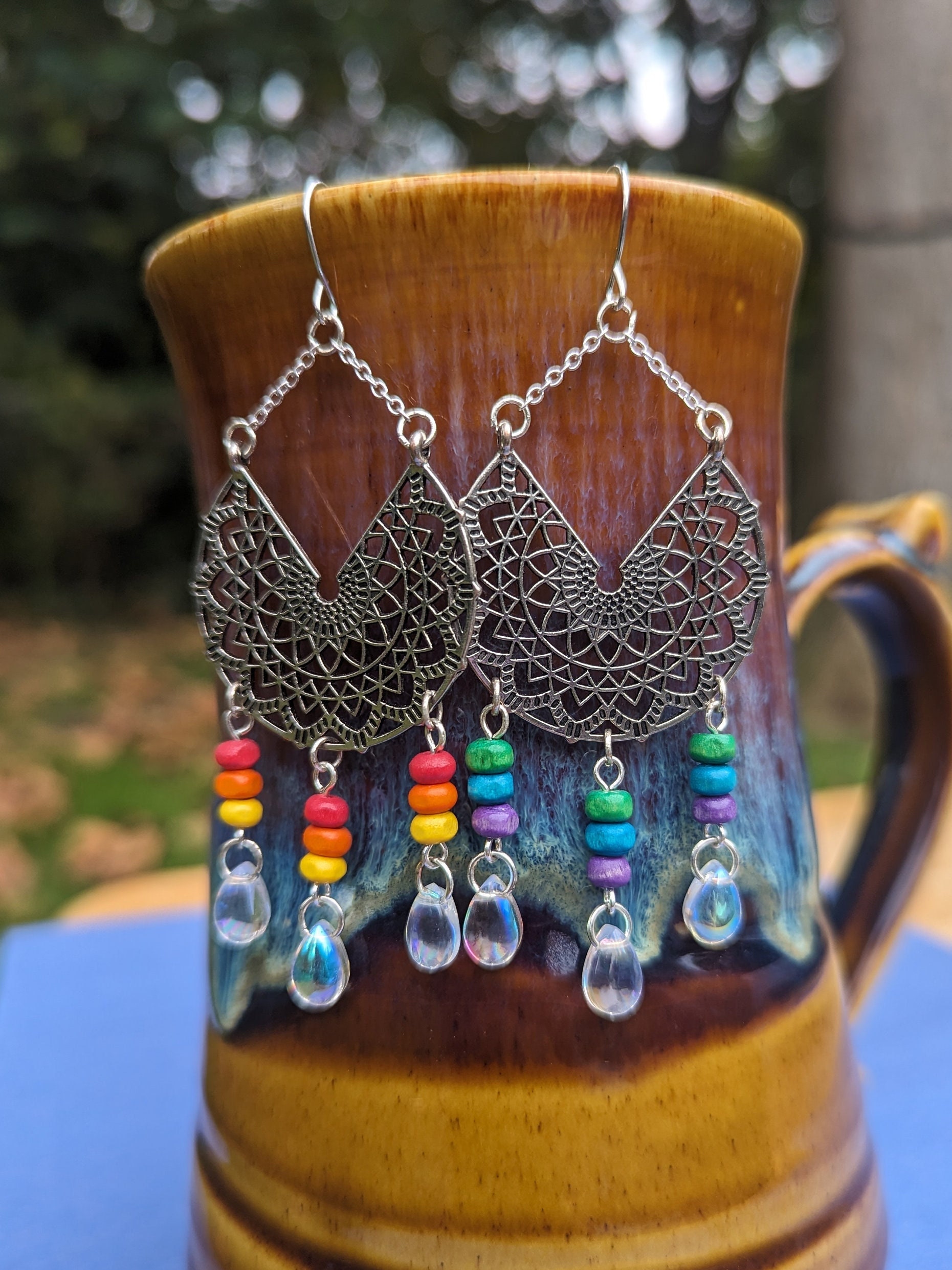 Split Rainbow W/ Iridescent Waterdrop Beads on Silver Mandala Shield - Etsy