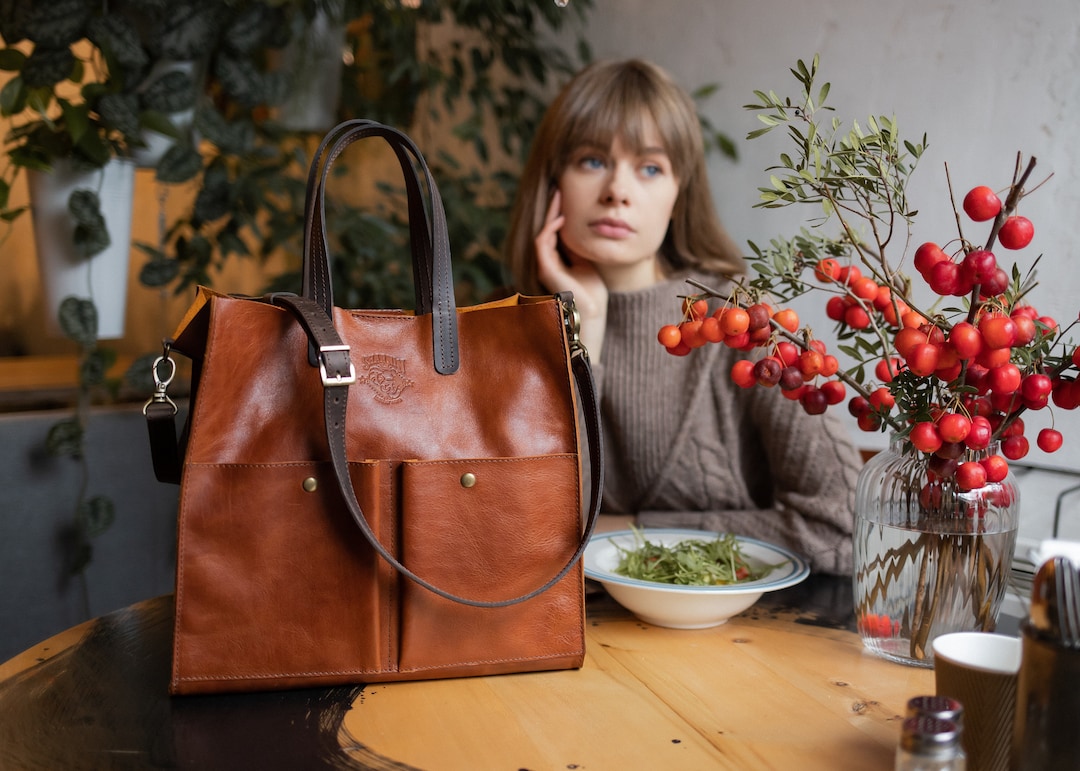 Personalized Leather Tote Bag for Women, Cognac Leather Handbag With ...