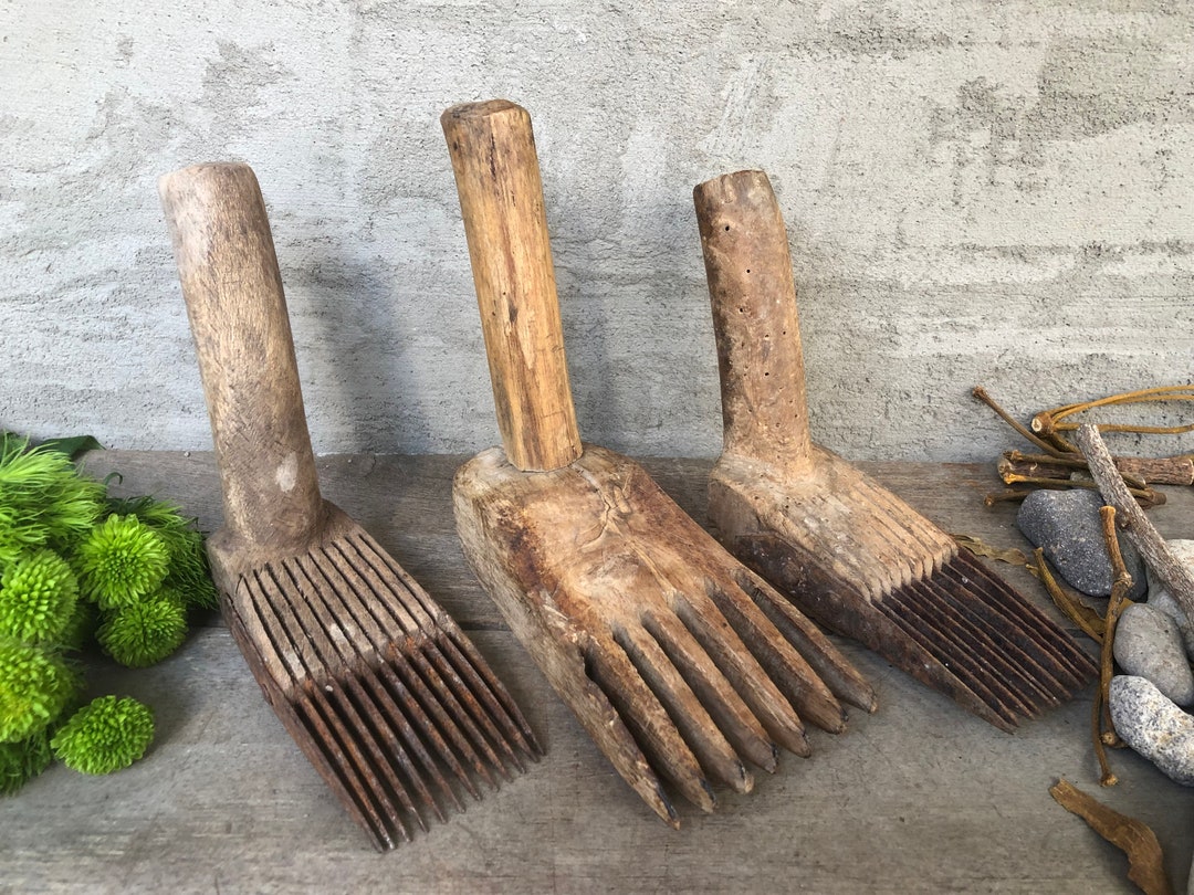 Set of 3 Antique Wooden Weaving Tools, Rustic Handmade Weaving Combs ...