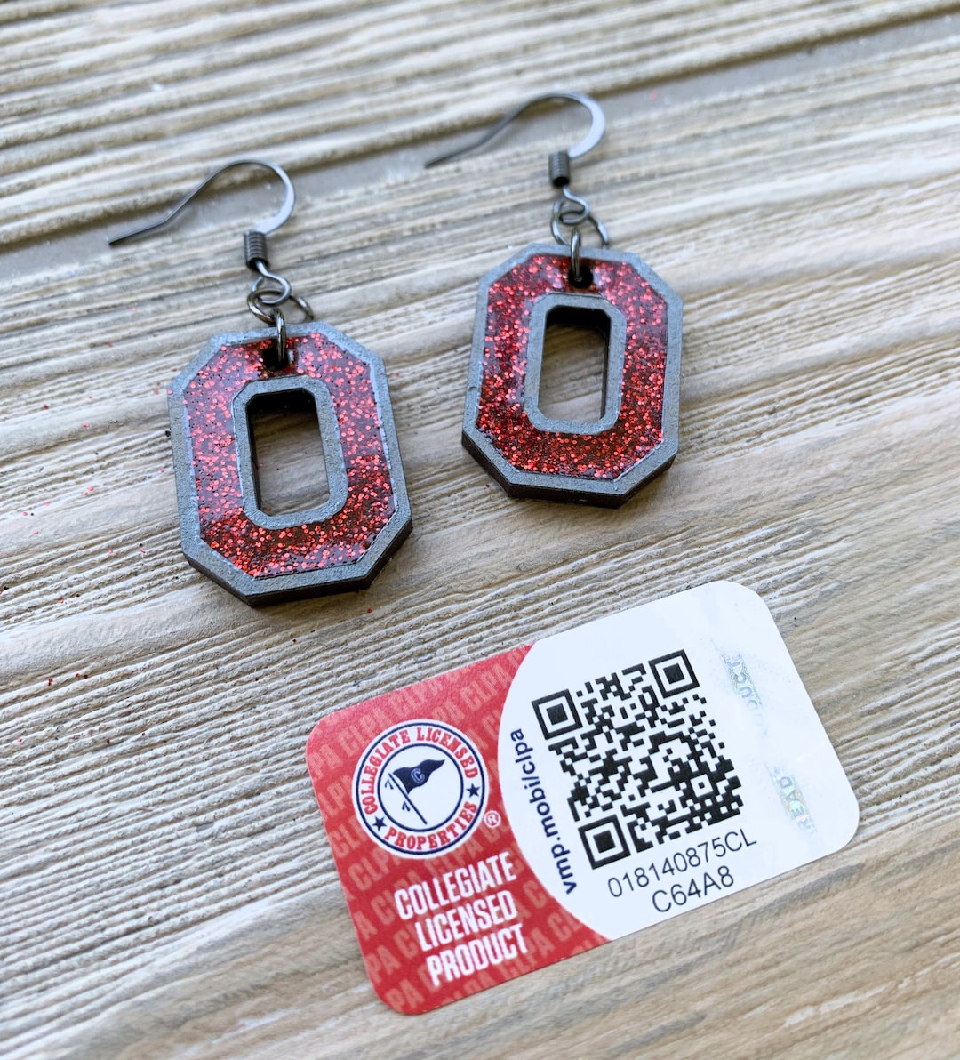 OSU Ohio State University Block O Red Glitter, Grey Outline Earring ...