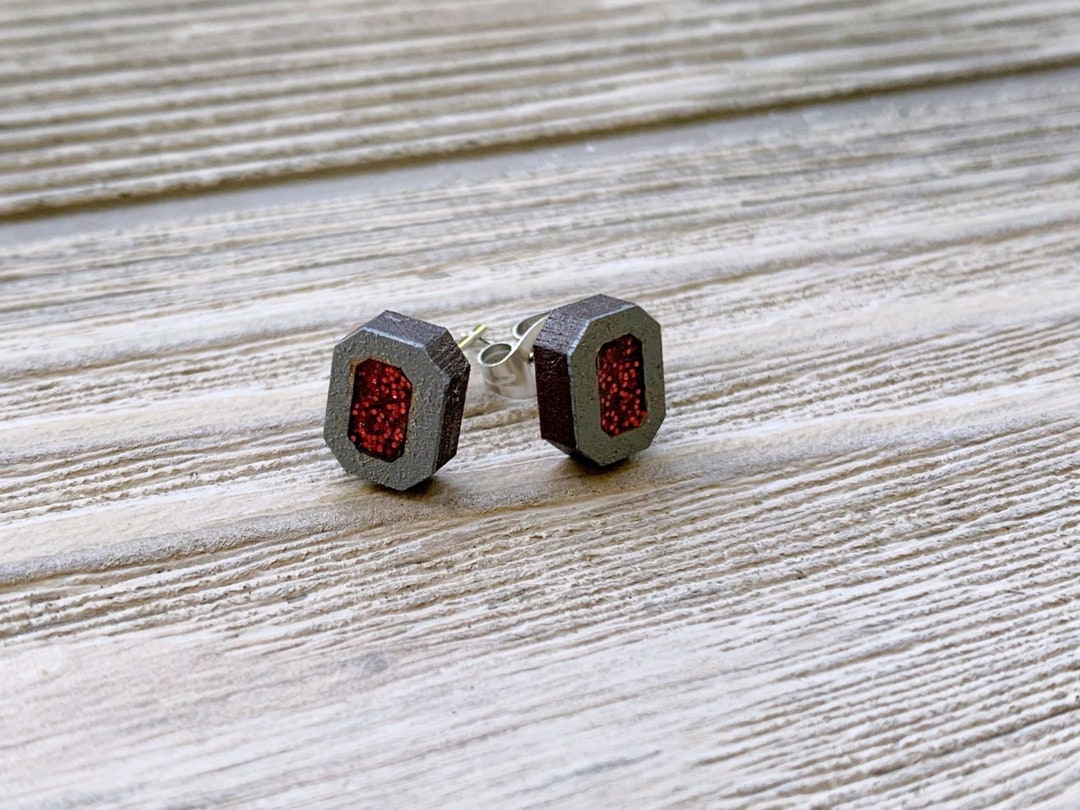 Ohio State Earring Studs, Miniature Block O, Gray With Red Glitter Fill ...