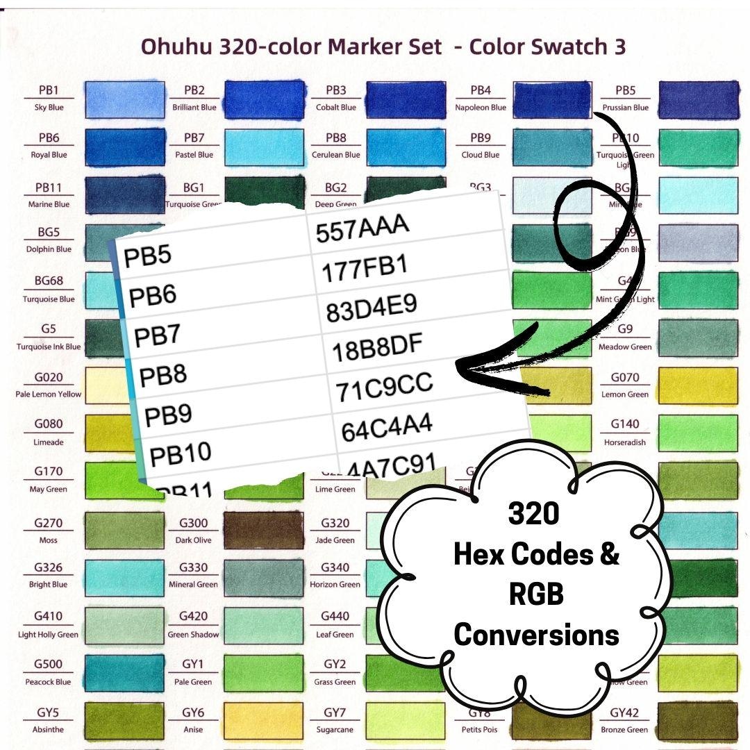Ohuhu Marker Hex Code & RGB Dataset | Digital Download Excel File (320 ...