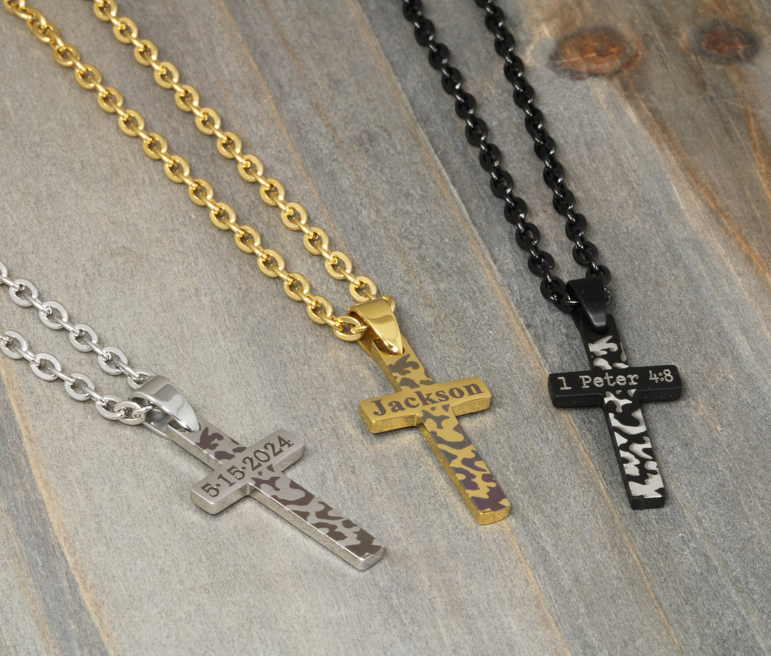 Engraved Cross and Cable Chain Necklace Kids Cross Pendant Custom Camo Pendant Personalized Cross Necklace First Communion Gifts