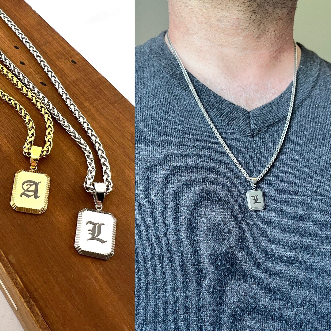 Custom Old English Initial Name Charm Penant and Wheat Necklace ...