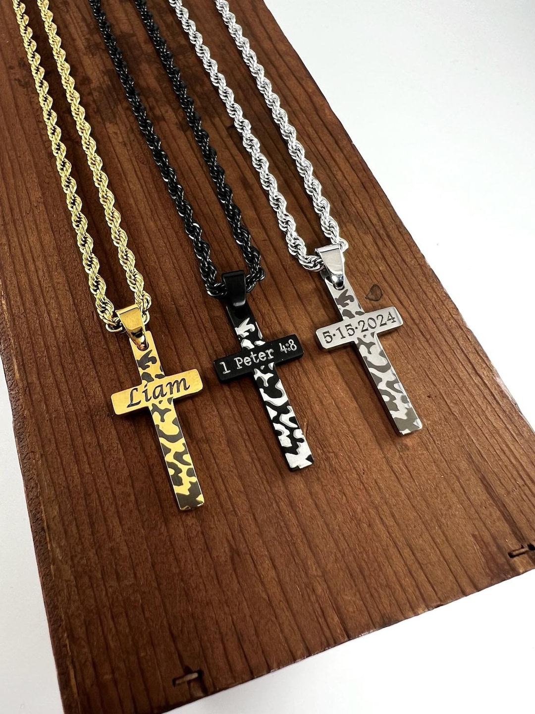 Boys Engraved Cross Rope Chain Necklace - Kids Cross Necklace - Custom ...