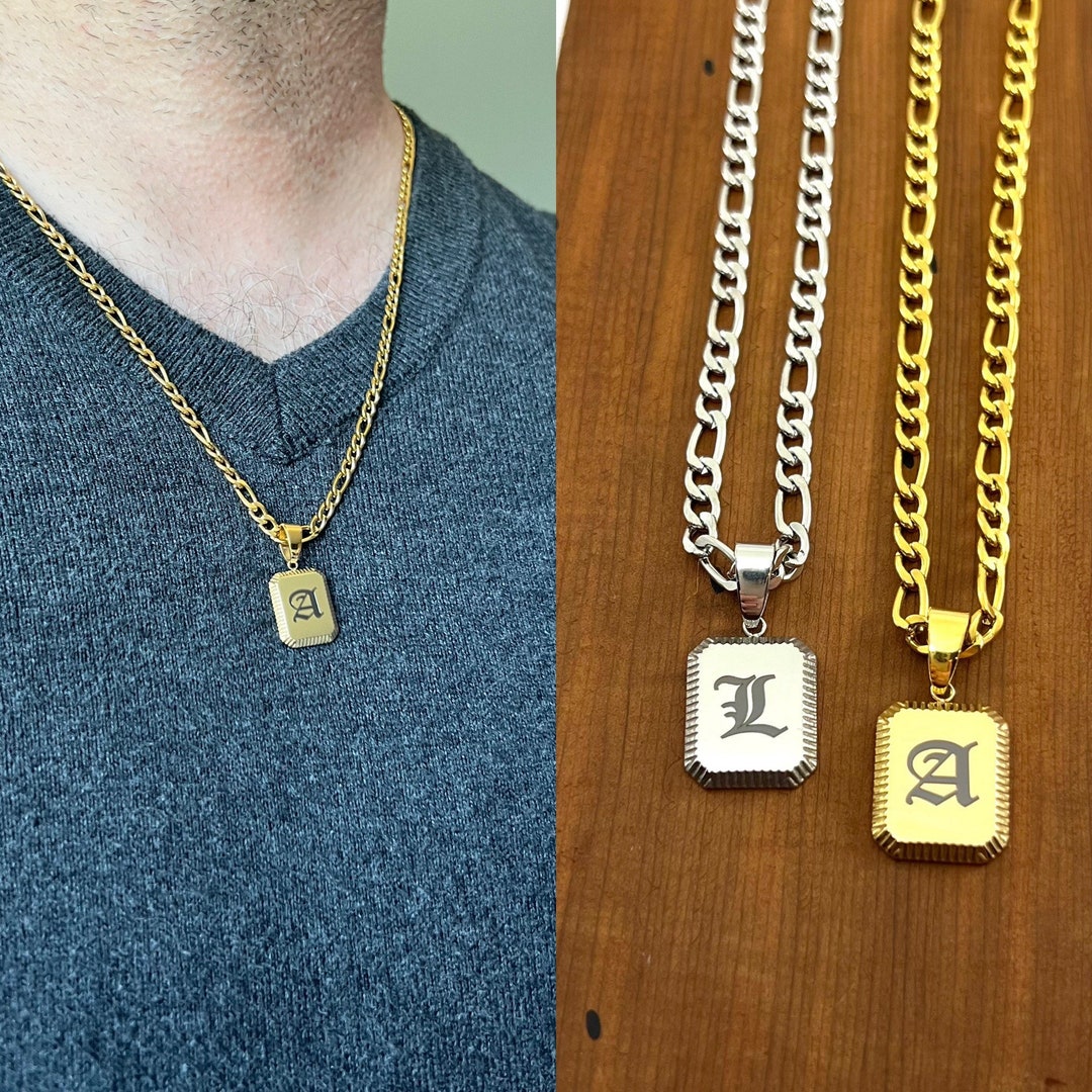 Custom Old English Initial Name Necklace - Figaro Chain Monogram ...