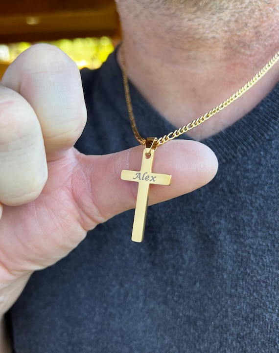 Men s Gold Stainless Steel Cross Necklace Steel Jewelry 14k Gold Cross With Figaro Chain Personalized Jewelry christmas Gifts for Him Etsy