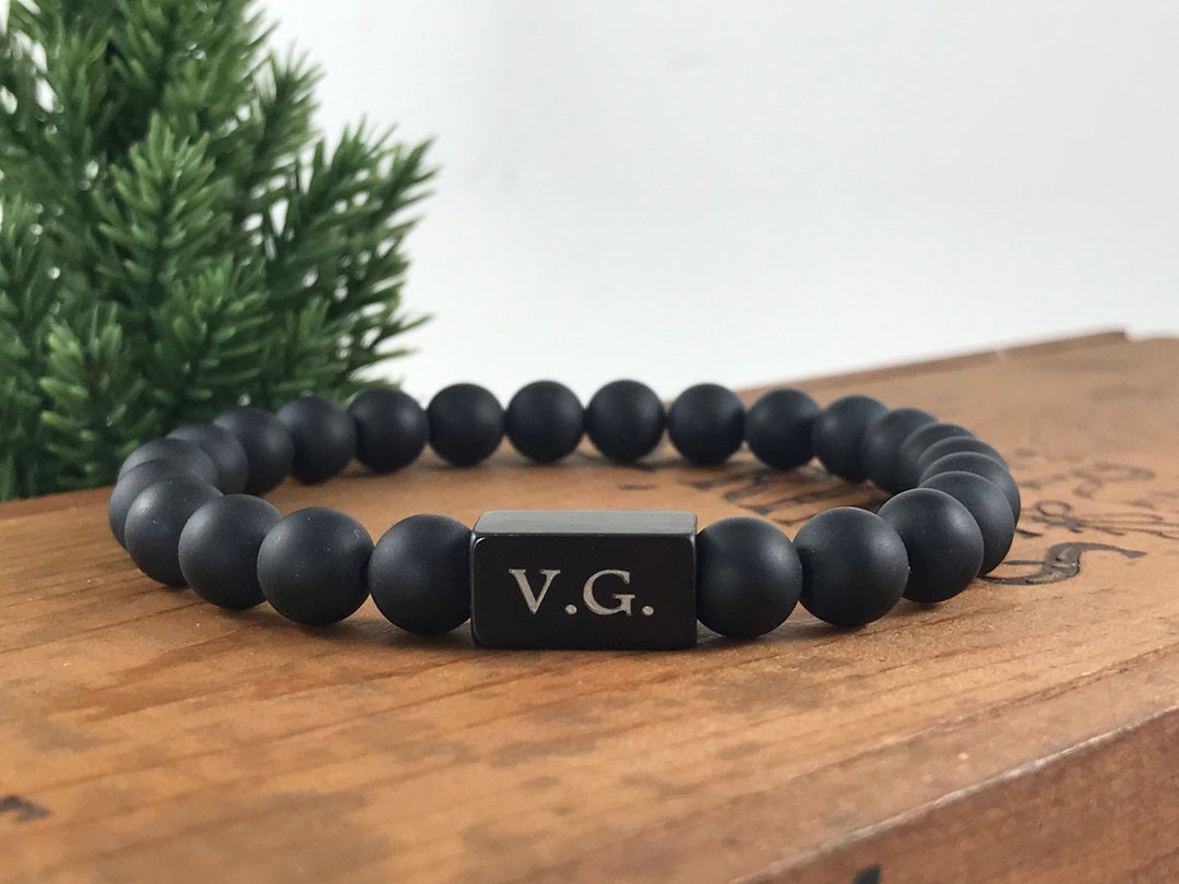 Custom Engraved Black Onyx Bead Bracelet - Engraved BOHO Bead Bracelet ...