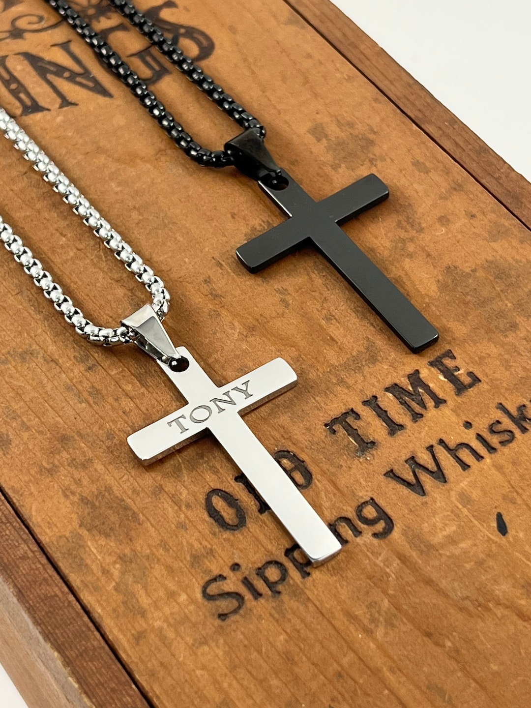 Custom Cross Pendant and 3mm Box Chain Necklace - Personalized Chunky ...