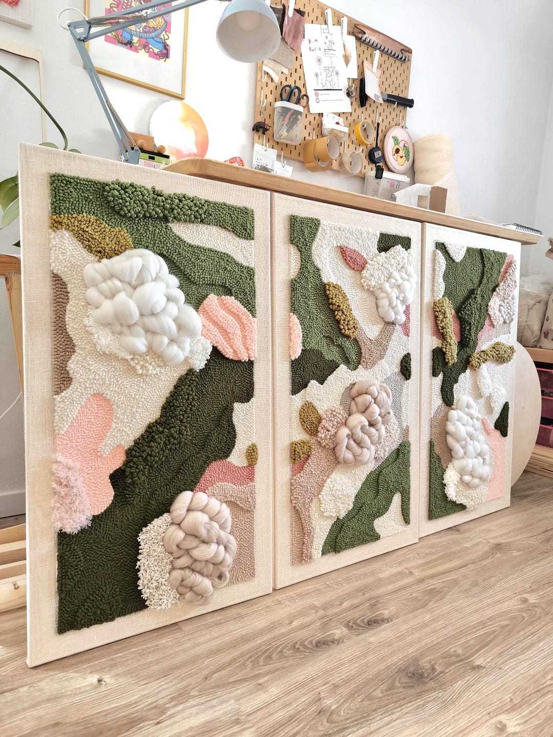 CHERRY BLOSSOM in Triptych - Modern Textile Wall Art Triptych, Fiber ...