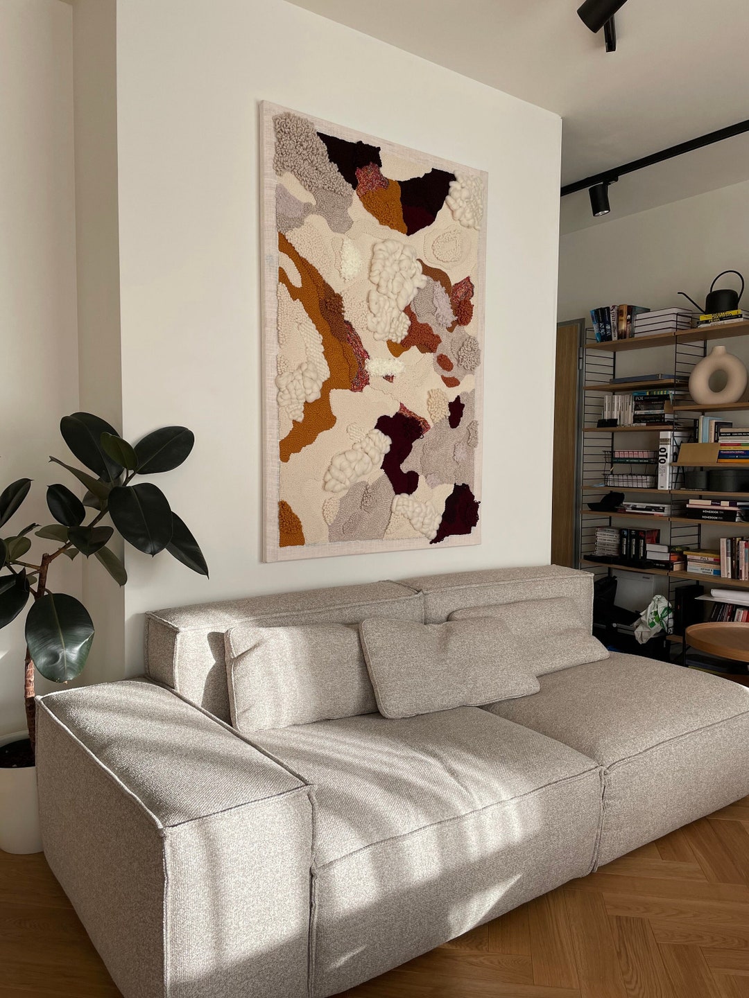 SUNNY Large Modern Tapestry, Textile Wall Art in Cream Burgundy and ...