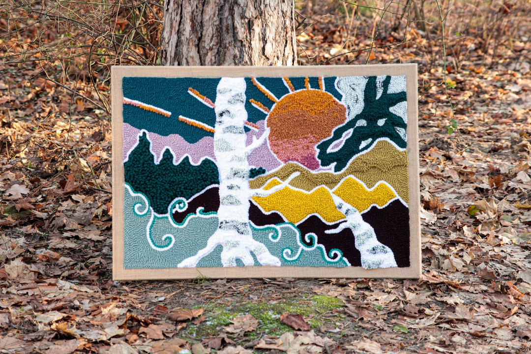 Textured Framed Yarn Tapestry, 3D Landscape Wall Art, Birch and Sunset ...