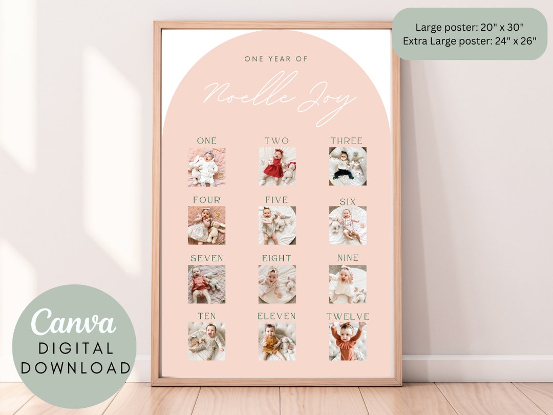 First Birthday Milestone 12 Month Photo Collage Poster Sign Editable ...