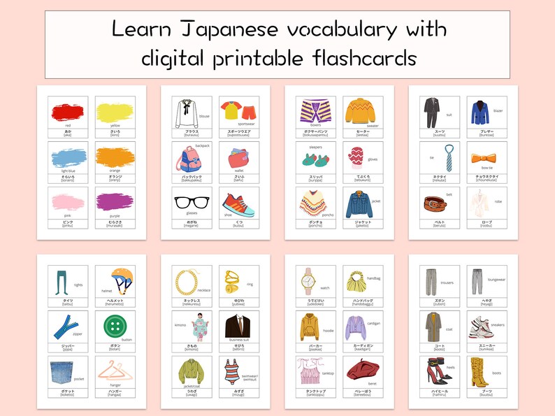 Clothes and Colors in Japanese 78 Digital Flashcards - Etsy