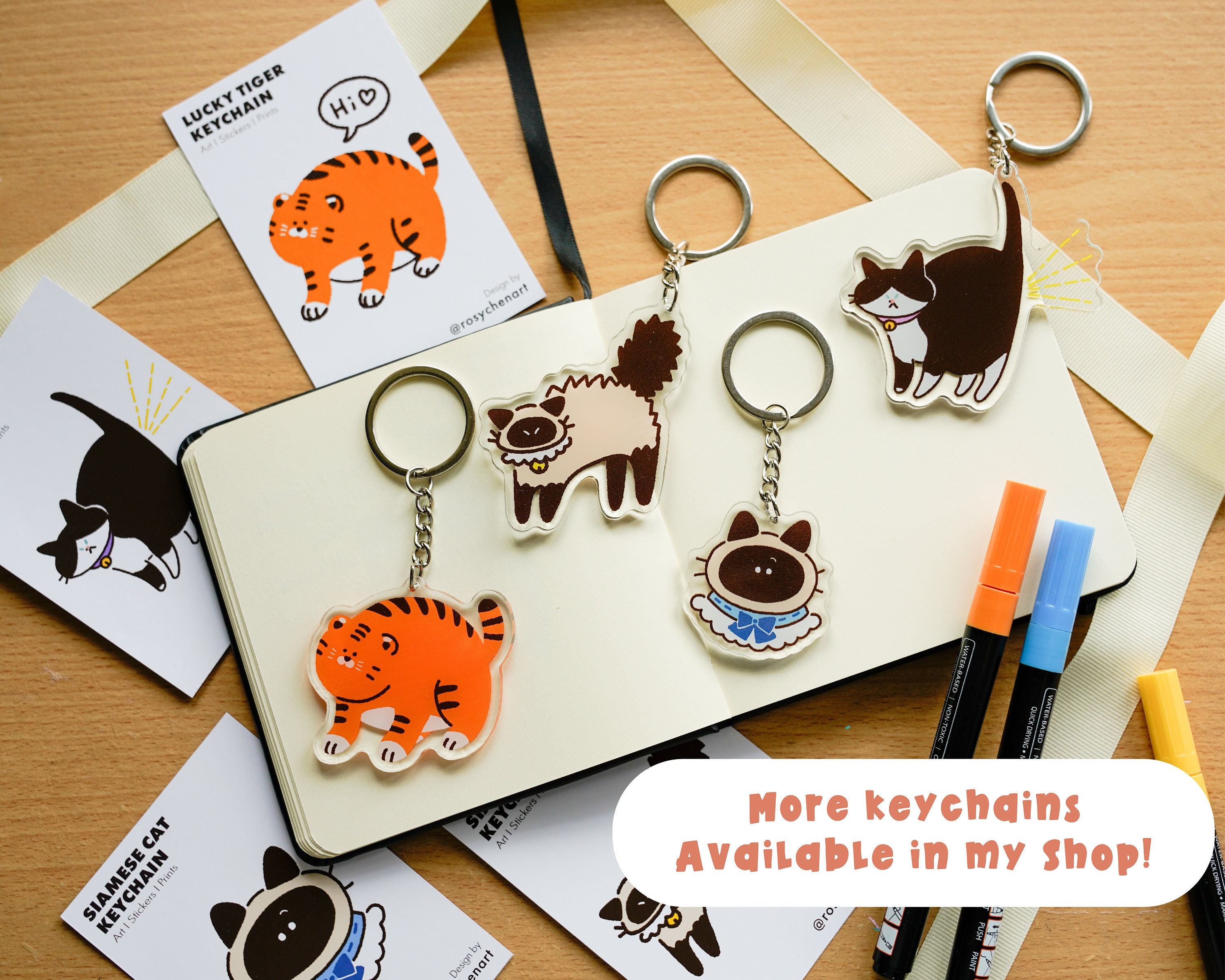 Angry Black and White Tabby Cat Acrylic Keychain, Keychain Charm, Cute ...