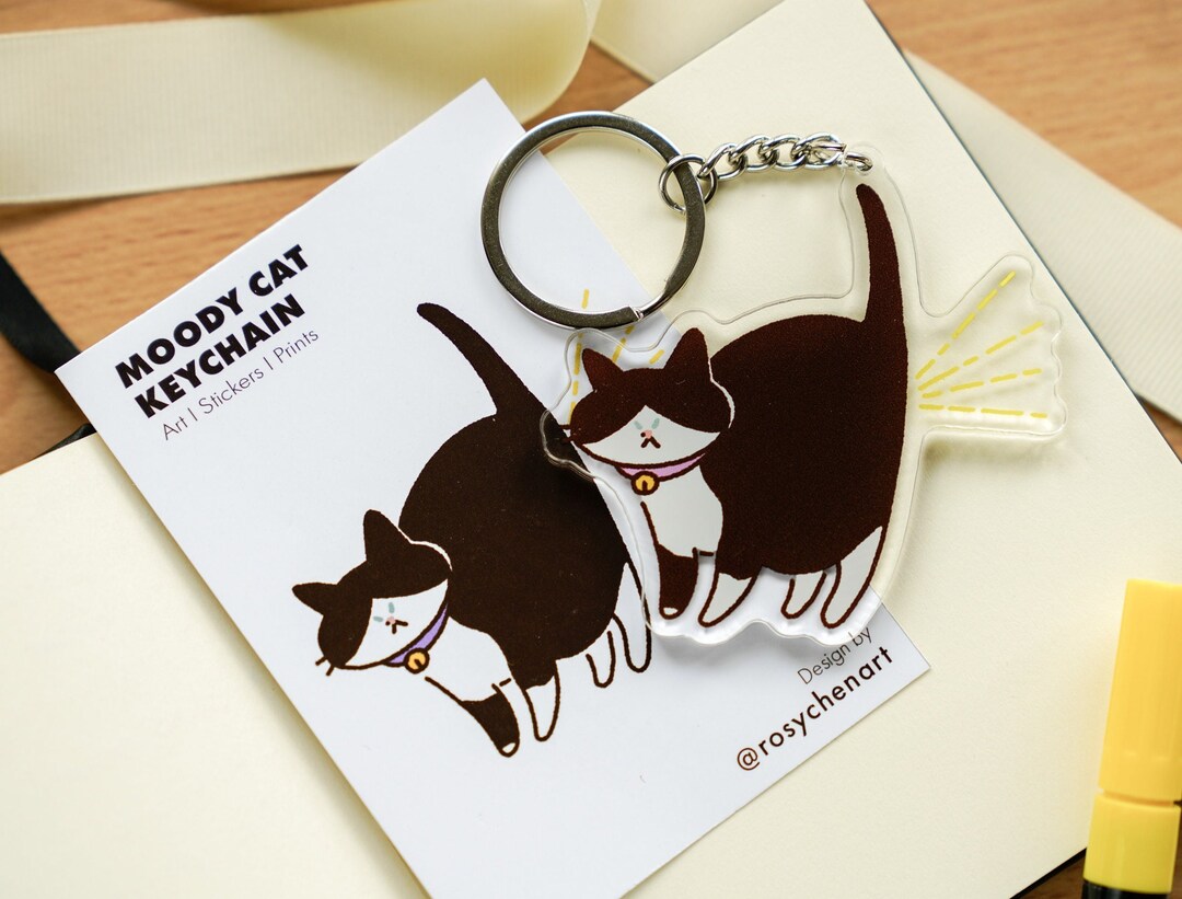 Angry Black and White Tabby Cat Acrylic Keychain, Keychain Charm, Cute ...