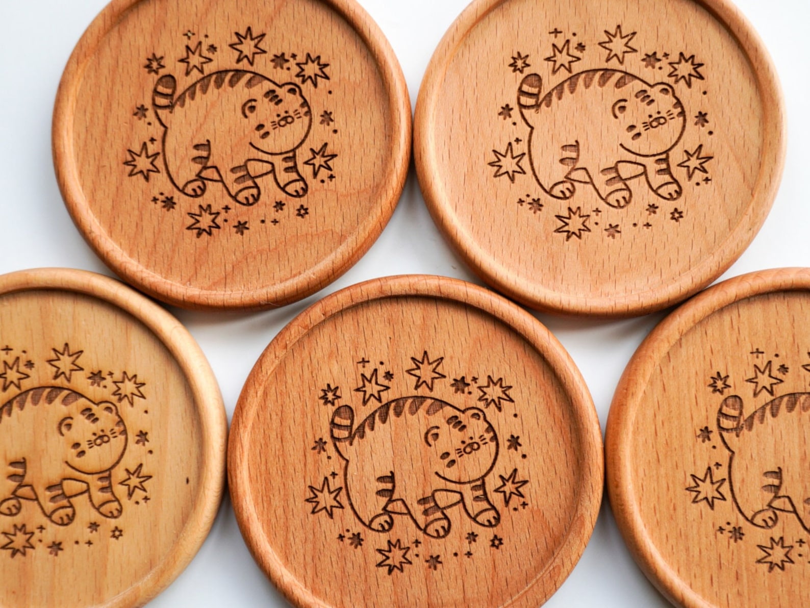 Cute Tiger and Stars Wooden Coaster, Round Wood Coaster, Cute Animal ...