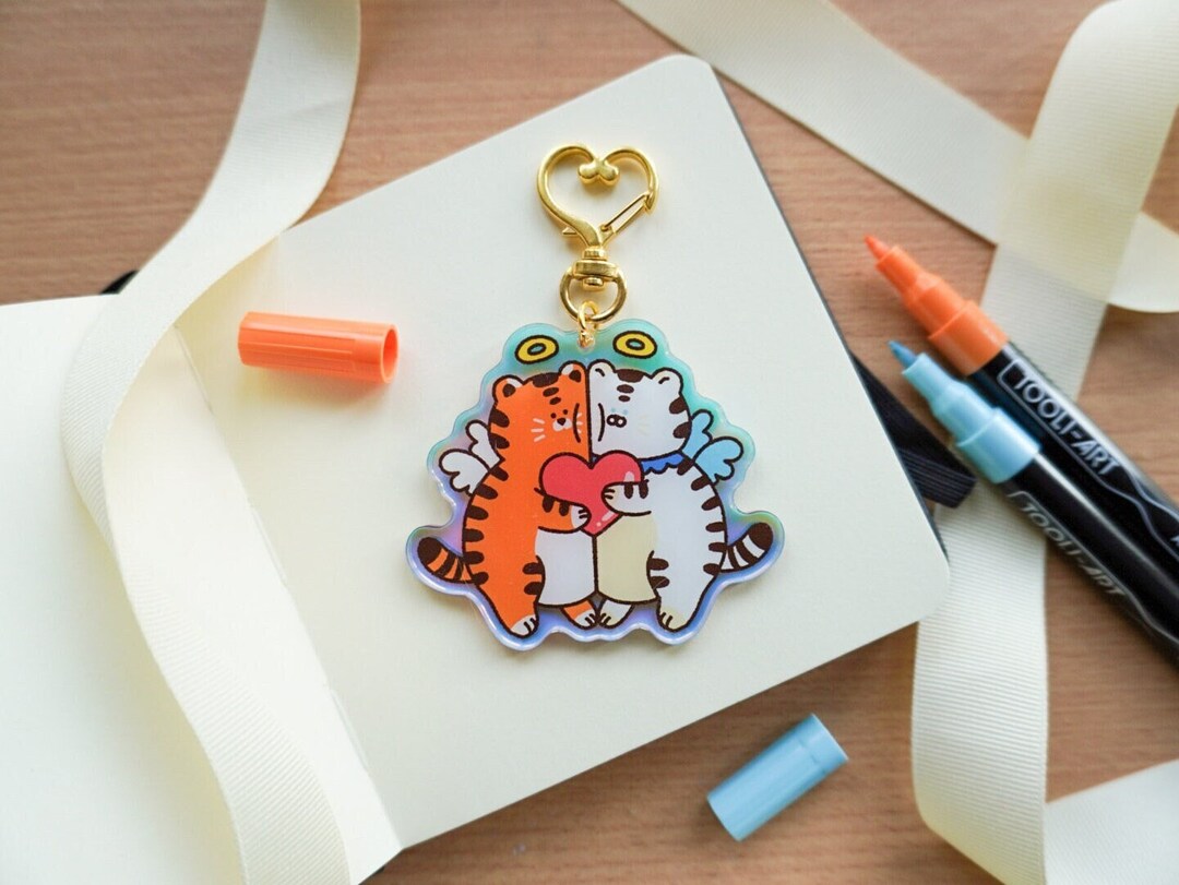 Chunky Tiger Valentine's Angel Couple Keychain, Keychain Charm, Cute ...