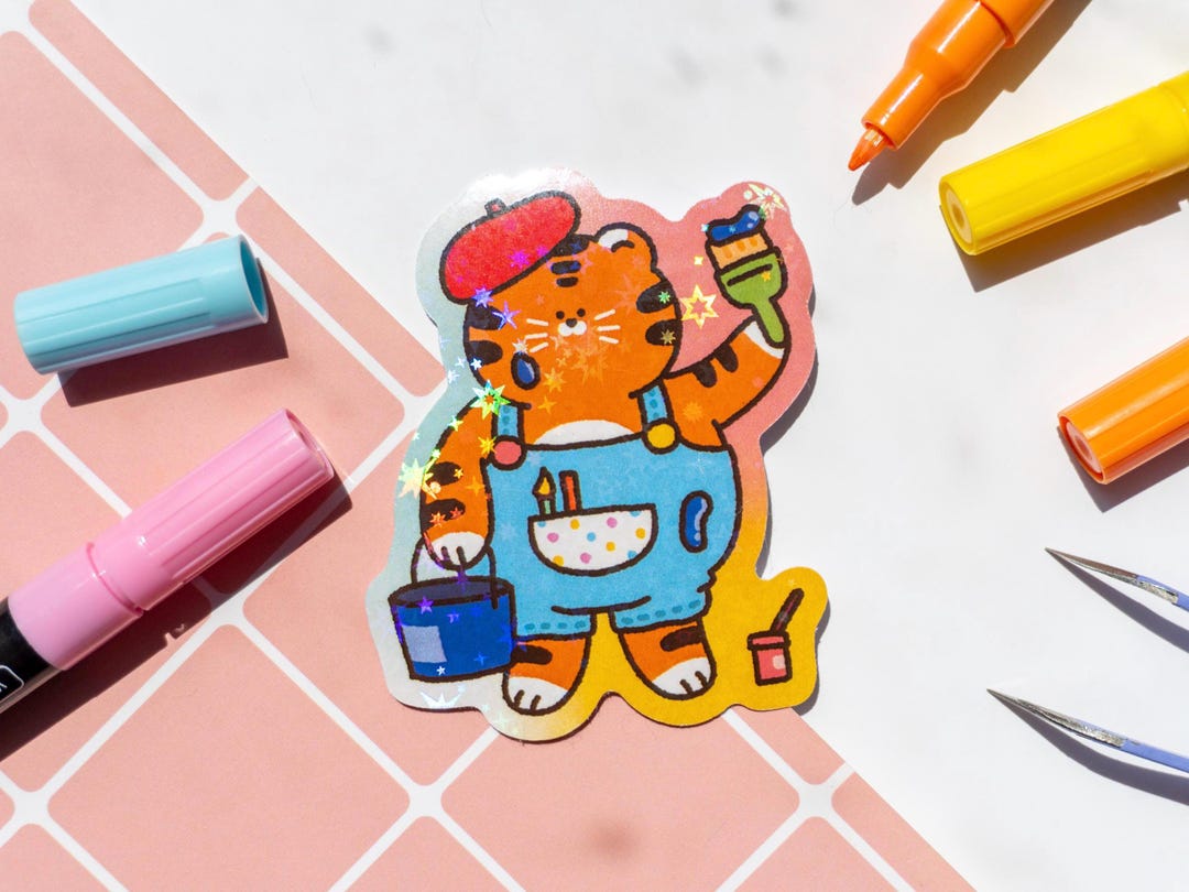 Sparkle Glitter Artist Tiger Sticker: Colourful Kawaii Die-cut Animal ...