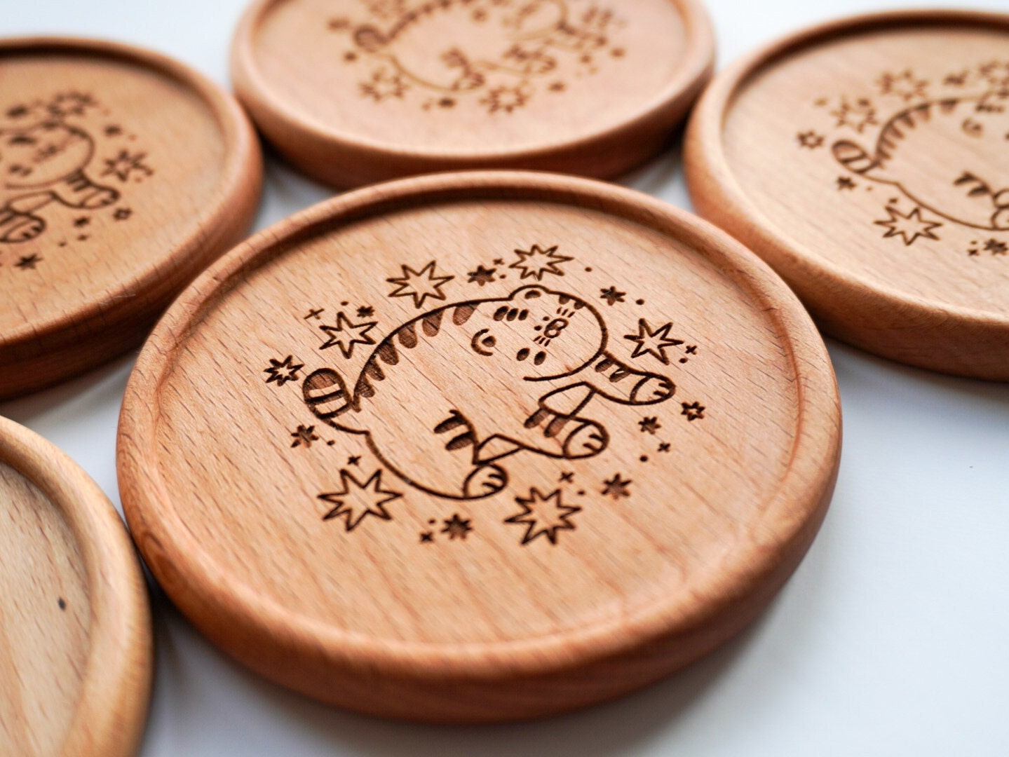 Cute Tiger and Stars Wooden Coaster, Round Wood Coaster, Cute Animal ...