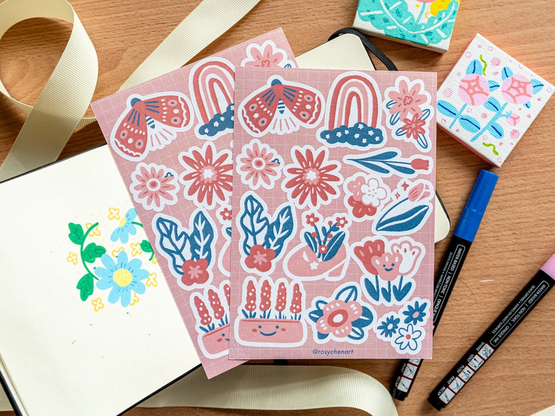 Baby Pink & Blue Flower Stickers, Cute Floral Sticker Sheet, Spring ...