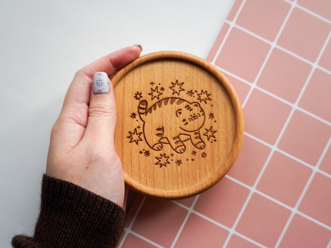 Cute Tiger and Stars Wooden Coaster, Round Wood Coaster, Cute Animal ...