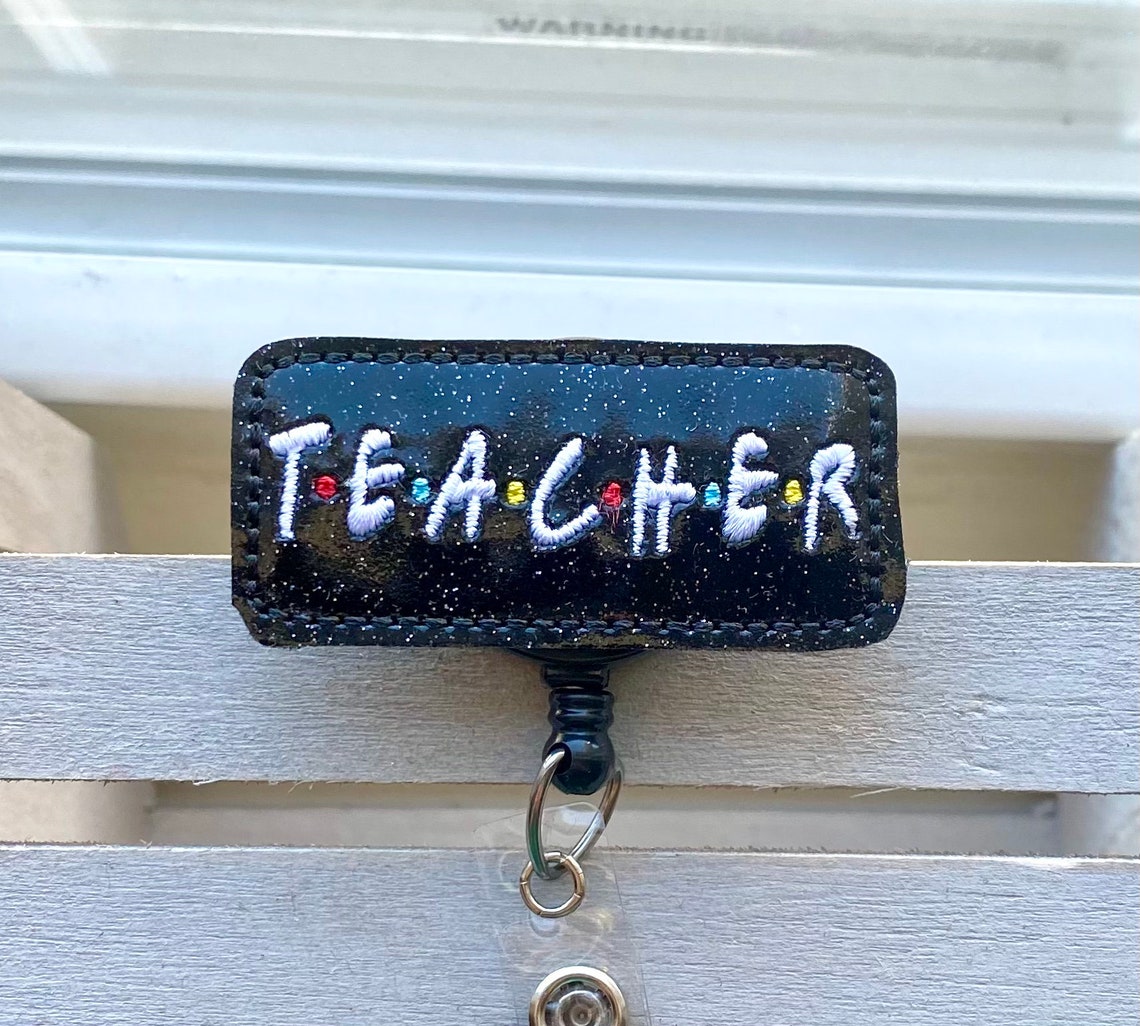 Teacher glitter vinyl name badge retractable badge reel | Etsy