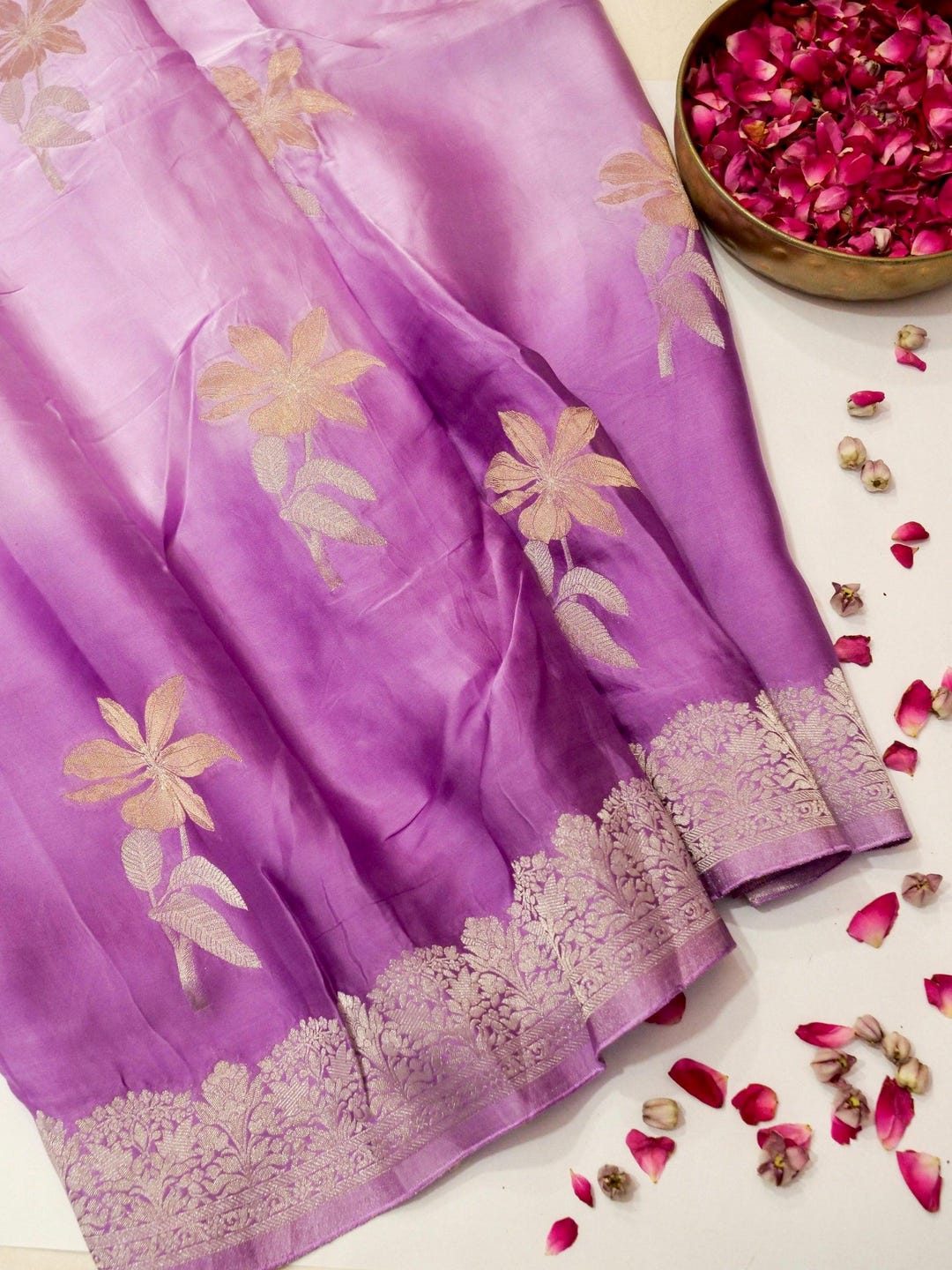Purple Ombré Shade Mashru Silk Saree With Champagne Border | Fall ...