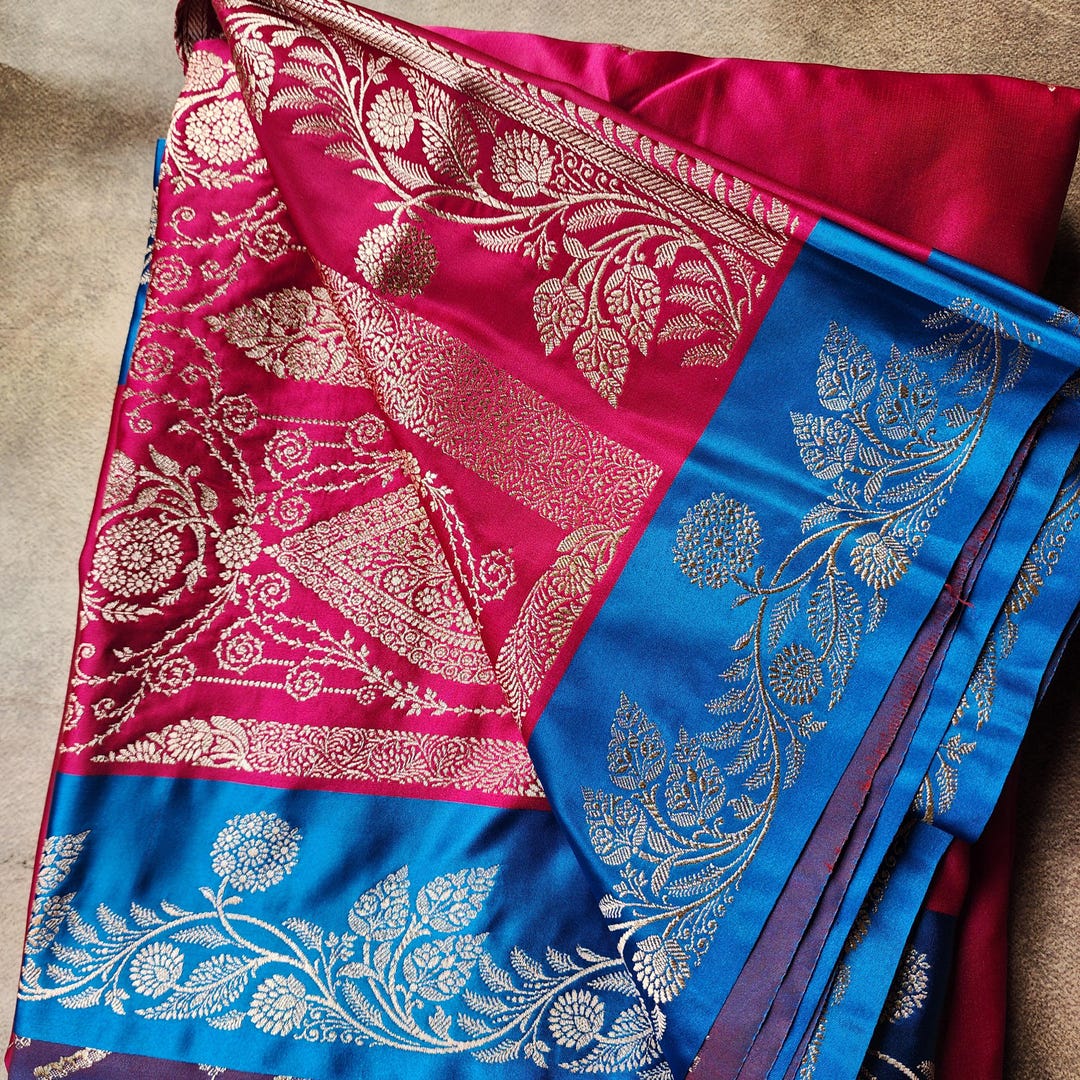 Rani Red Pure Banarasi Katan Silk Saree With Cobalt Blue Border | Fall ...
