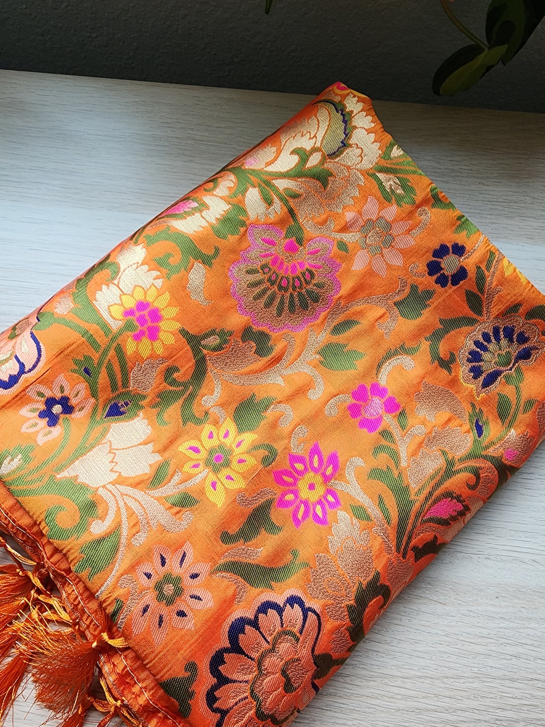 Banarasi Silk Orange Dupatta, Multicolor and Gold Floral Handweaving ...