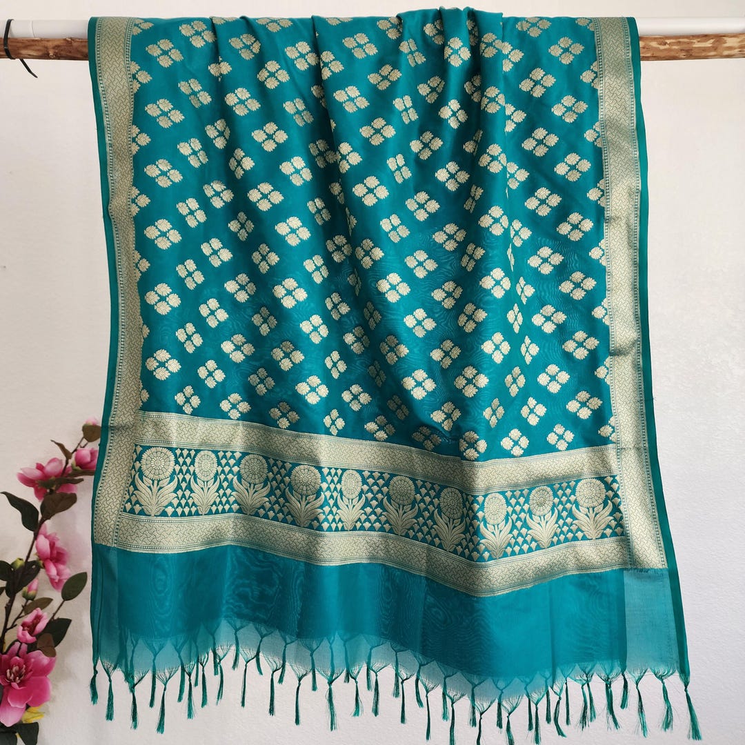 Banarasi Rama Green Color Dupatta With Gold Handweaving, Indian ...
