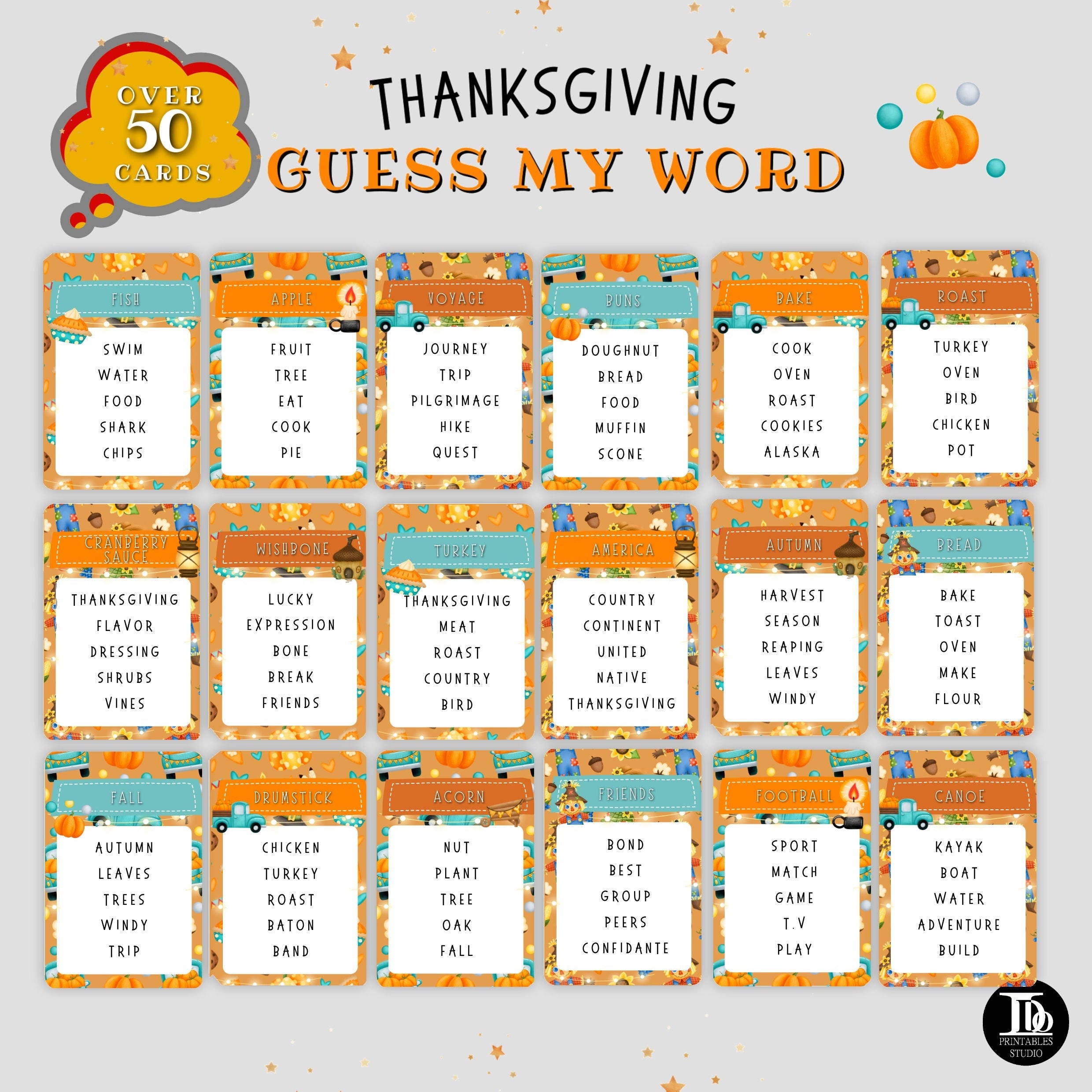 Printable Thanksgiving Word Game Cards Thanksgiving Dinner | Etsy