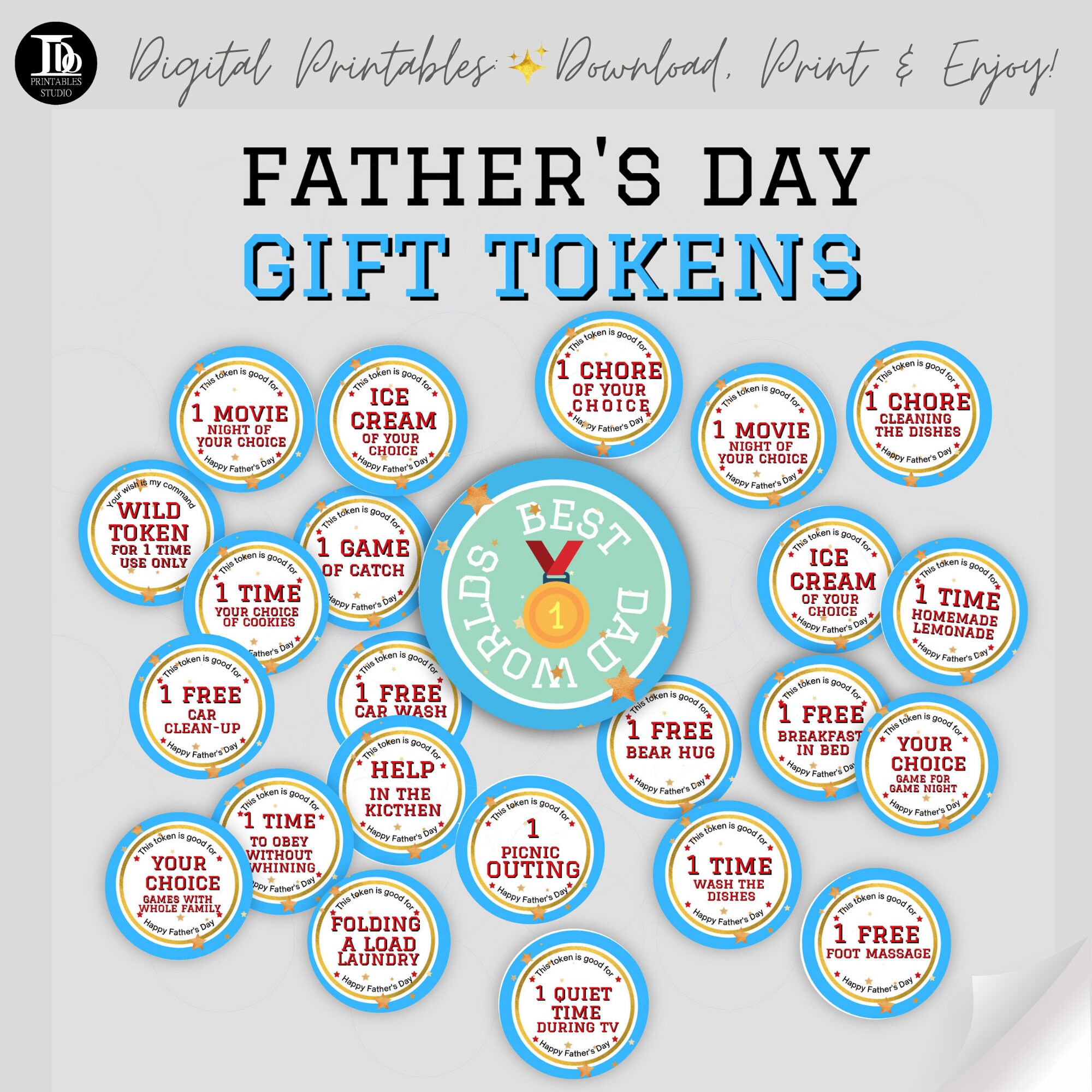 Father's Day Gift Tokens / Blue Father's Day Coupons / Printable Dad ...